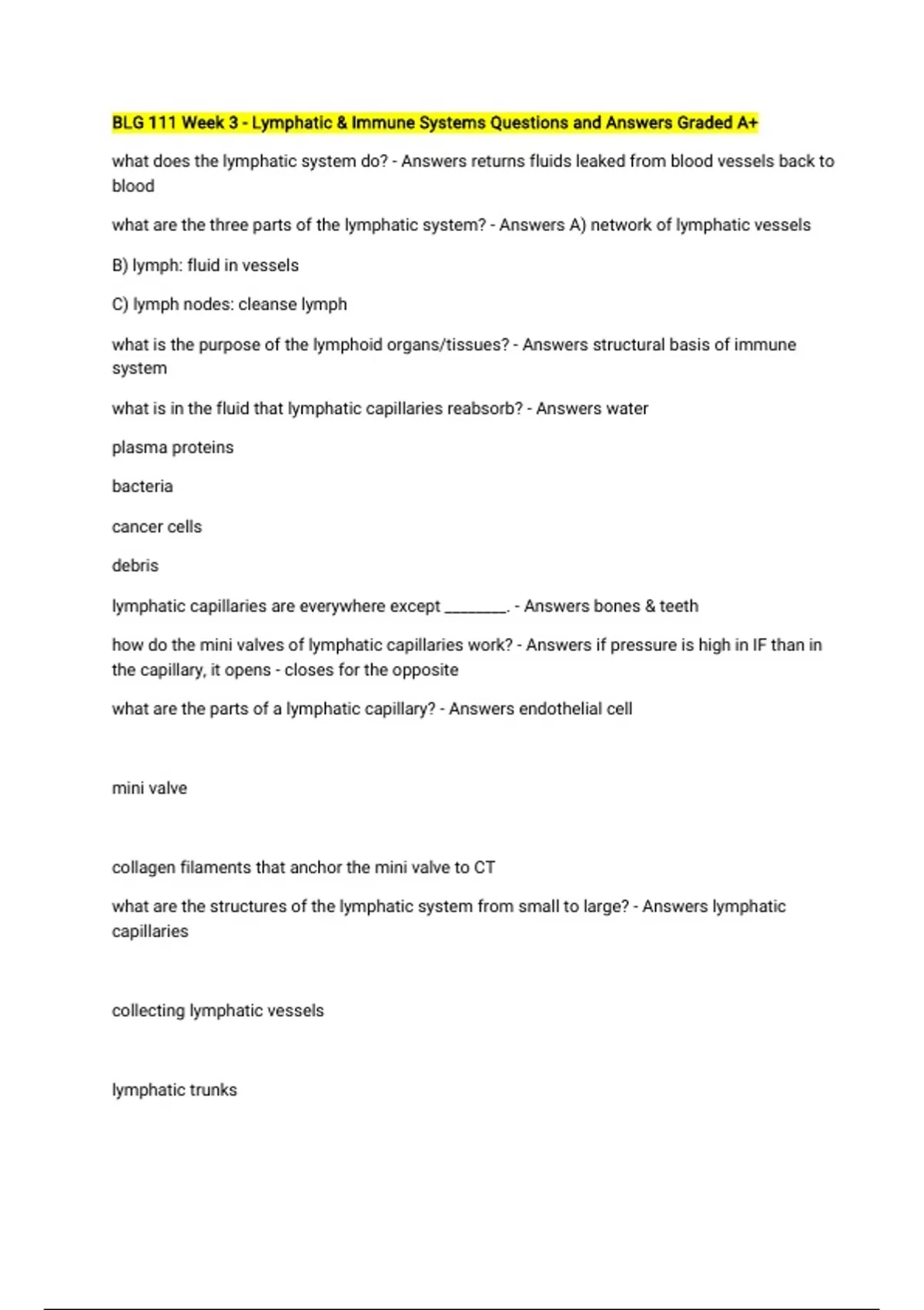 BLG 111 Week 3 - Lymphatic & Immune Systems Questions and Answers ...