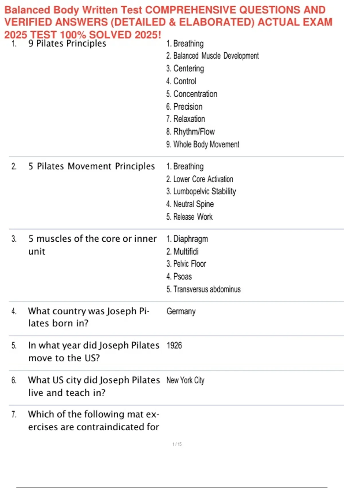Balanced Body Written Test COMPREHENSIVE QUESTIONS AND VERIFIED ANSWERS ...