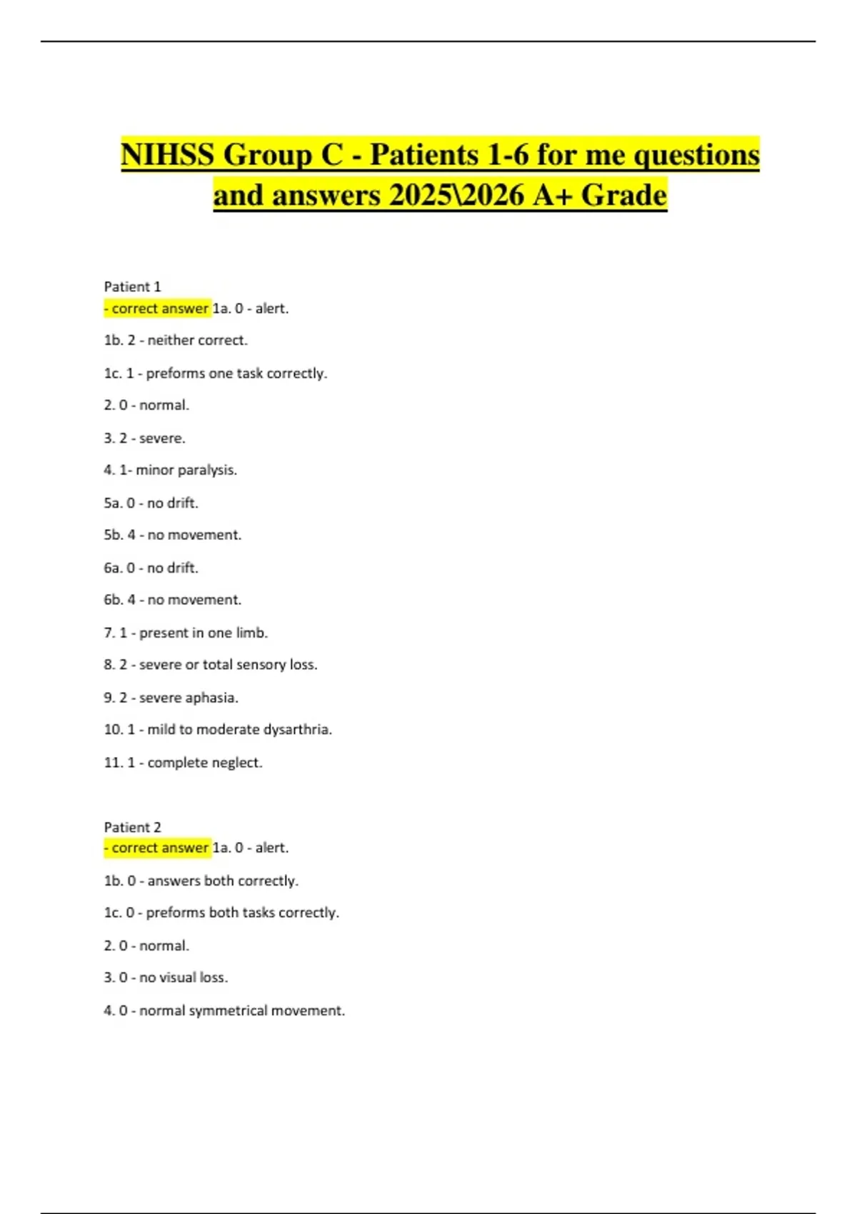 NIHSS Group C – Patients 1–6 | Verified Questions & Correct Answers ...