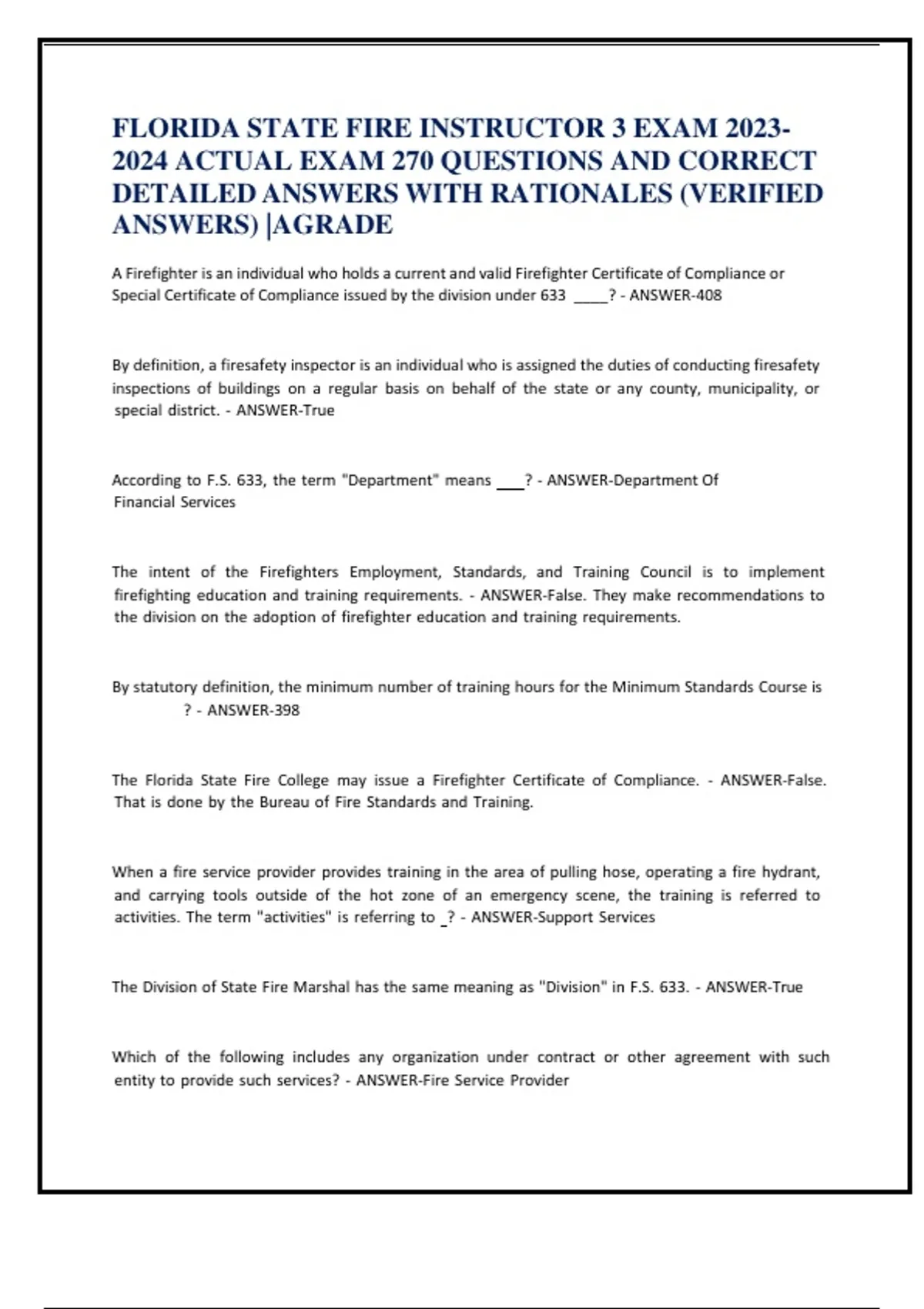 Florida State Fire Instructor 3 Exam 2025/2026 – 270 Verified Questions ...