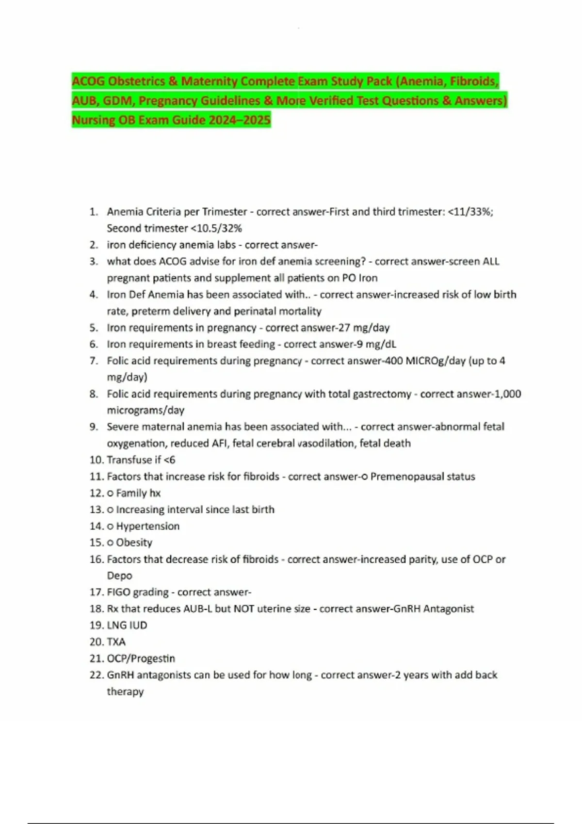 ACOG Obstetrics & Maternity Complete Exam Study Pack (Anemia, Fibroids ...