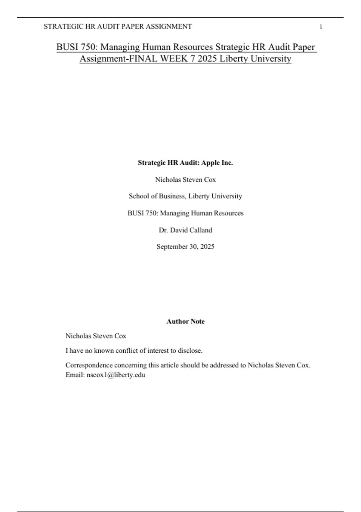 BUSI 750: Managing Human Resources Strategic HR Audit Paper Assignment ...