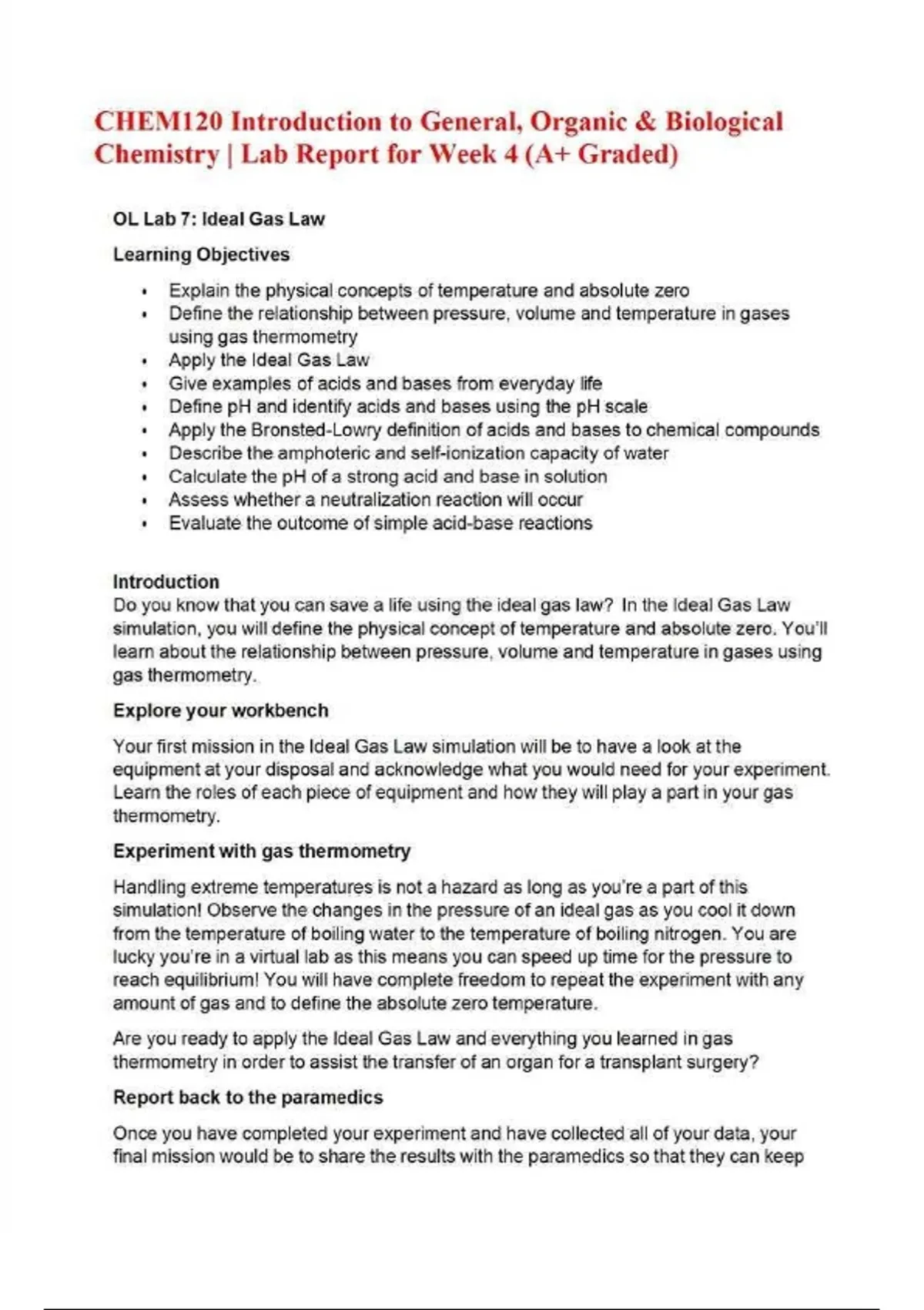 A+ Guaranteed CHEM 120 Week 4 Lab Report – Ideal Gas Law and Acids ...