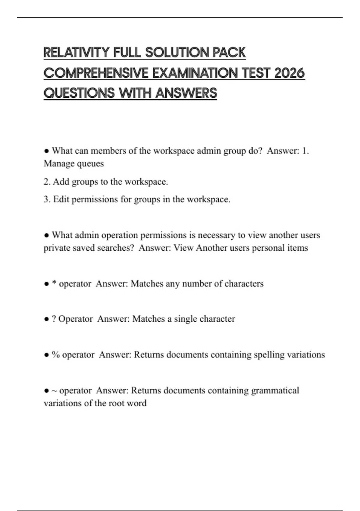 RELATIVITY FULL SOLUTION PACK COMPREHENSIVE EXAMINATION TEST 2026 ...