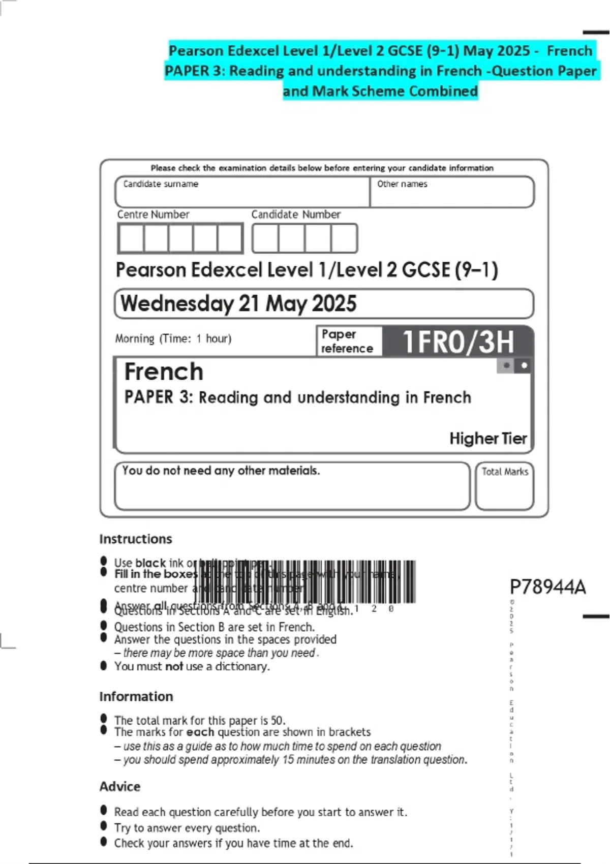 Pearson Edexcel Level 1/Level 2 GCSE (9-1) May 2025 - French PAPER 3 ...