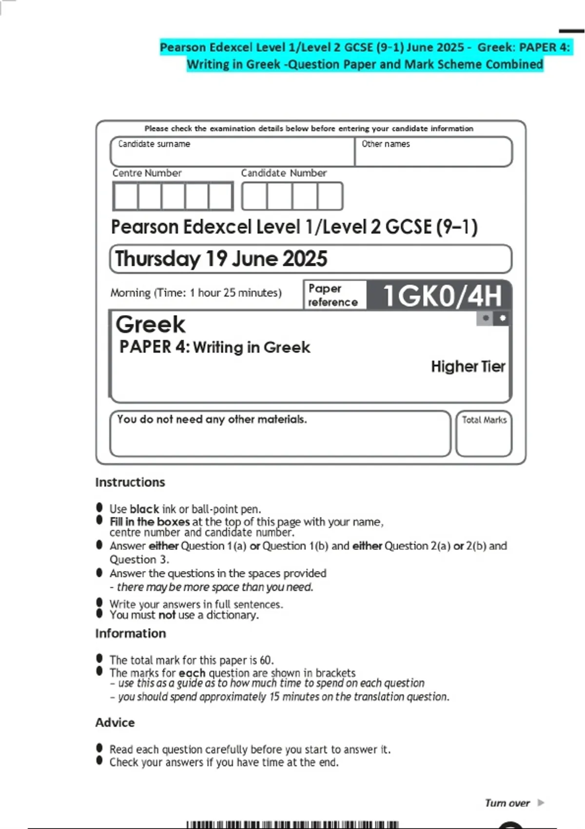 Pearson Edexcel Level 1/Level 2 GCSE (9-1) June 2025 - Greek: PAPER 4 ...