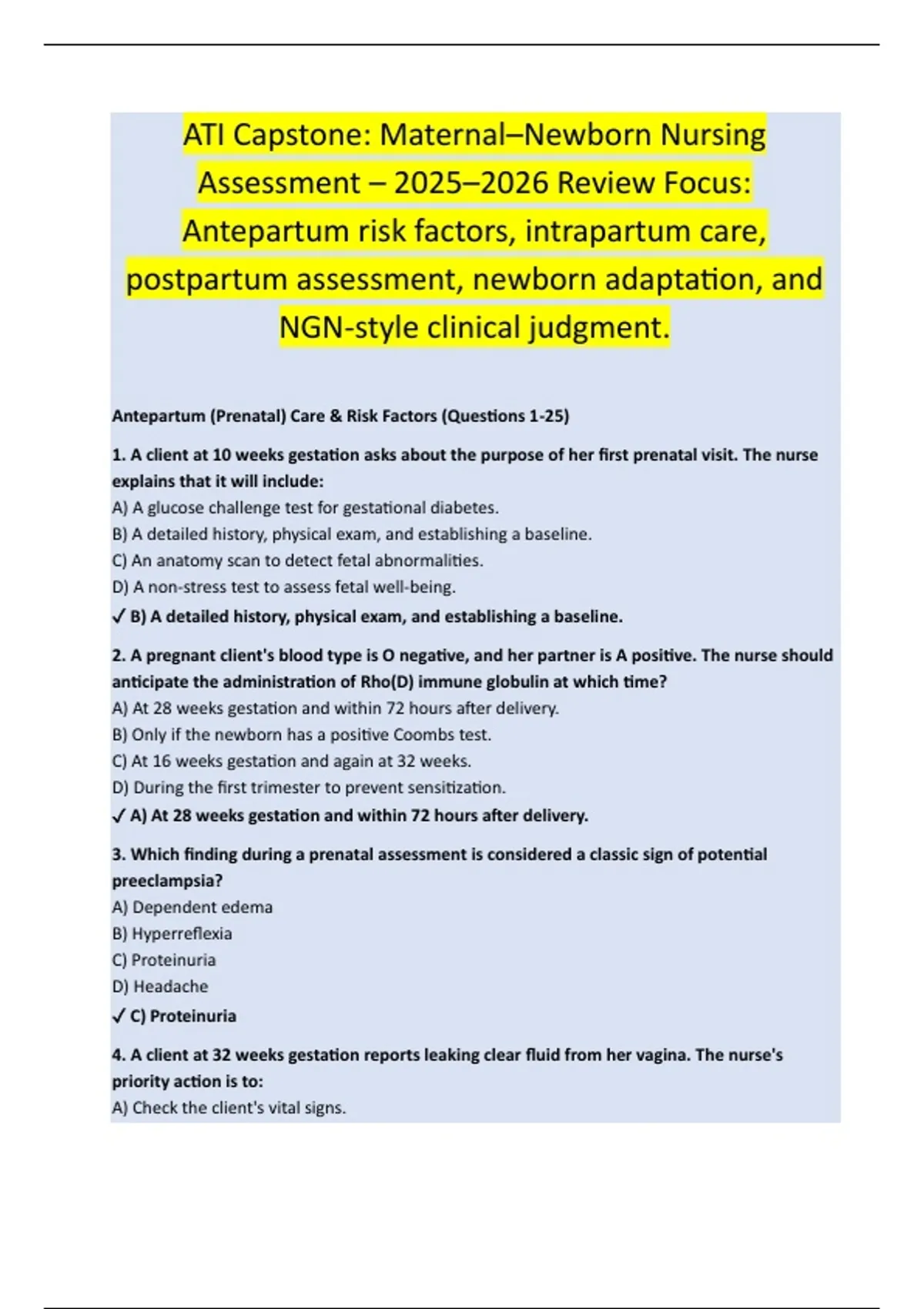 ATI Capstone: Maternal–Newborn Nursing Assessment – 2025–2026 Review ...
