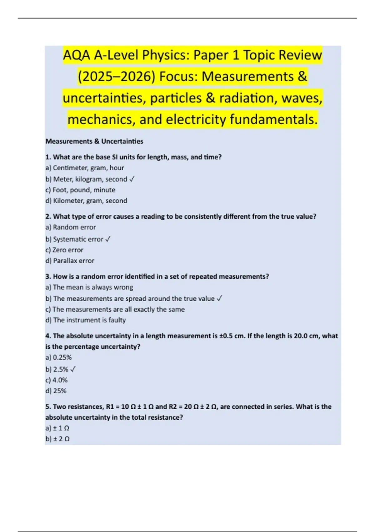 AQA A-Level Physics: Paper 1 Topic Review (2025–2026) Focus ...