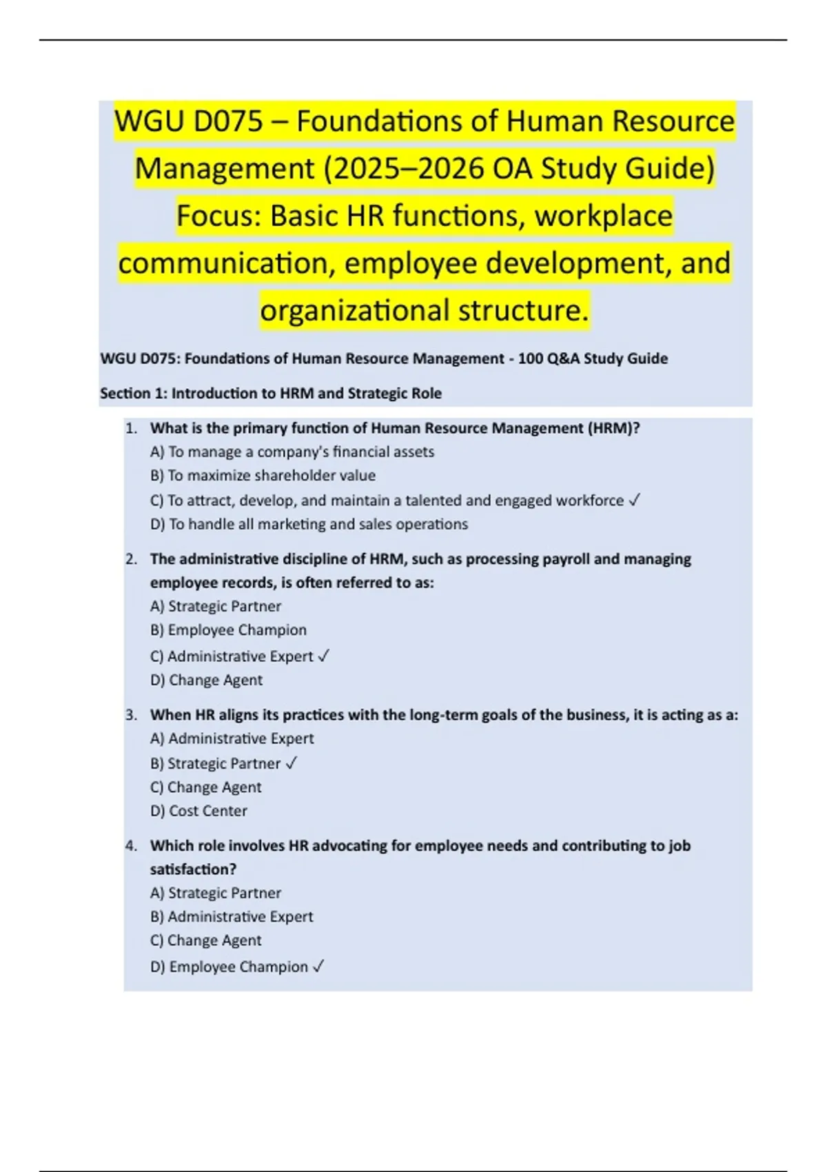 WGU D075 – Foundations of Human Resource Management (2025–2026 OA Study ...