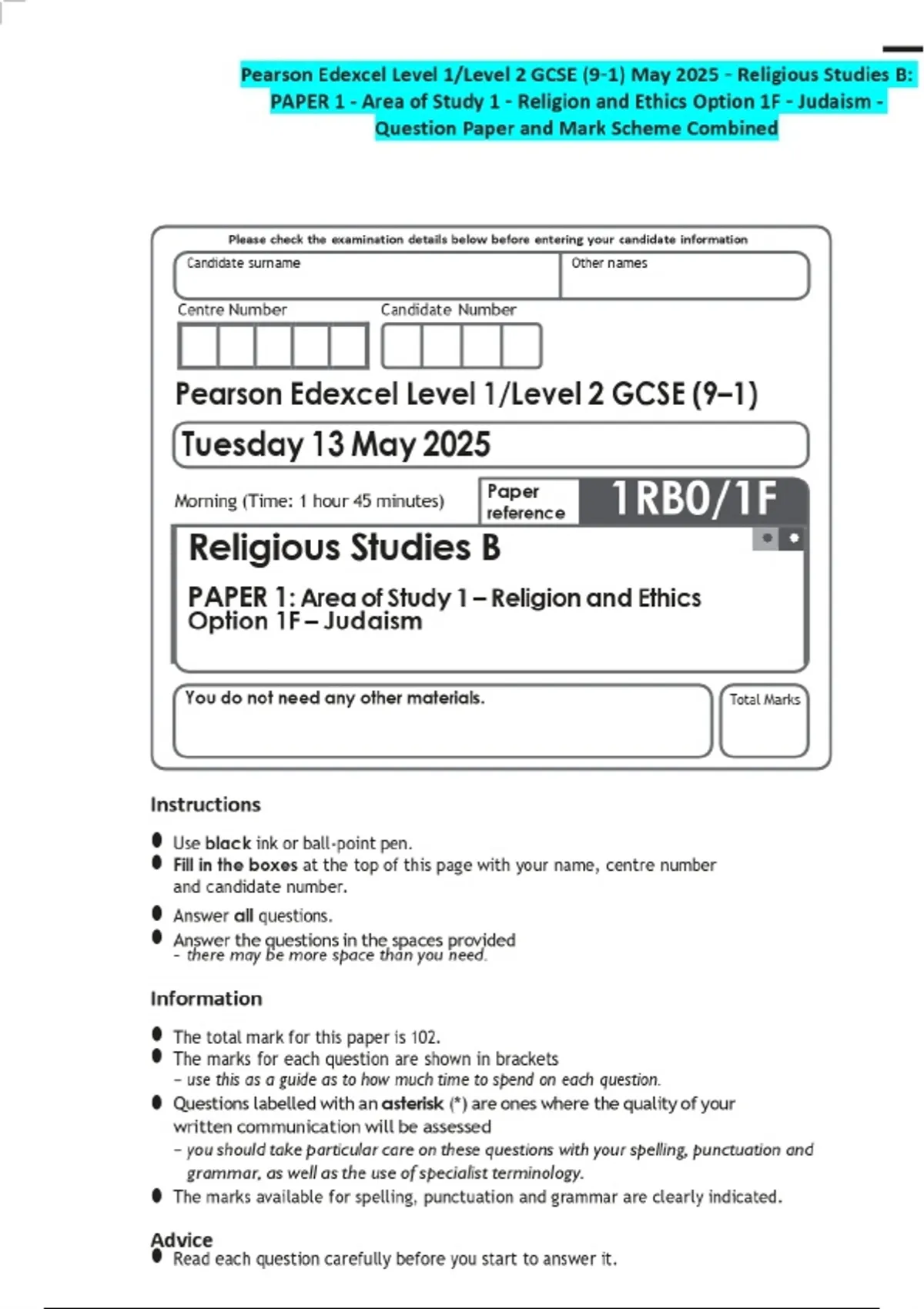 Pearson Edexcel Level 1/Level 2 GCSE (9-1) May 2025 - Religious Studies ...