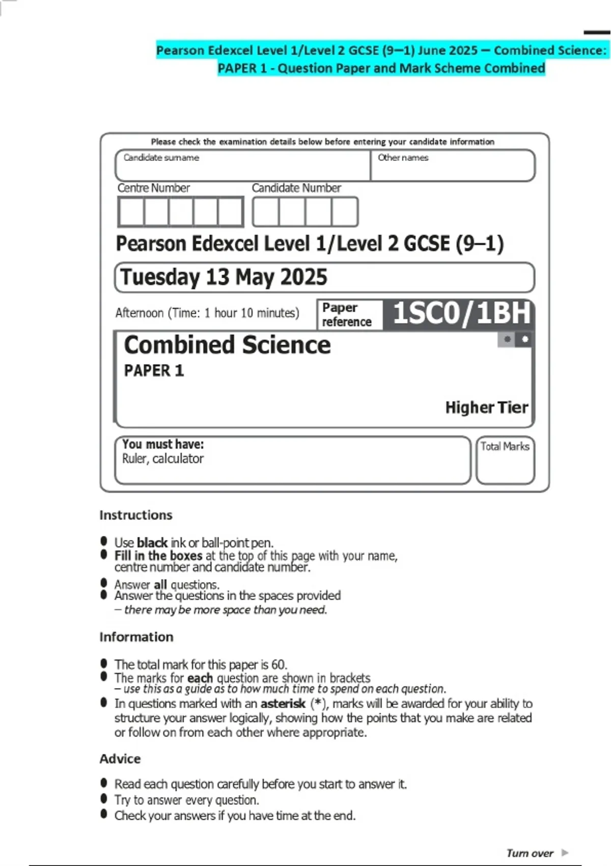 Pearson Edexcel Level 1/Level 2 GCSE (9-1) June 2025 - Combined Science ...