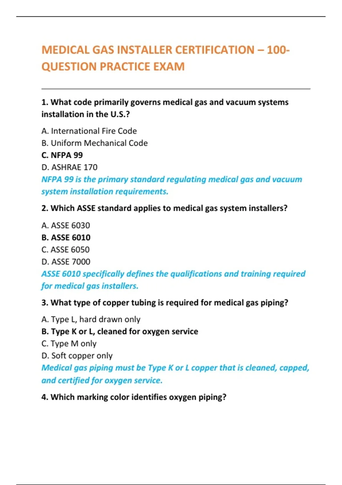 MEDICAL GAS INSTALLER CERTIFICATION – 100- QUESTION PRACTICE EXAM ...