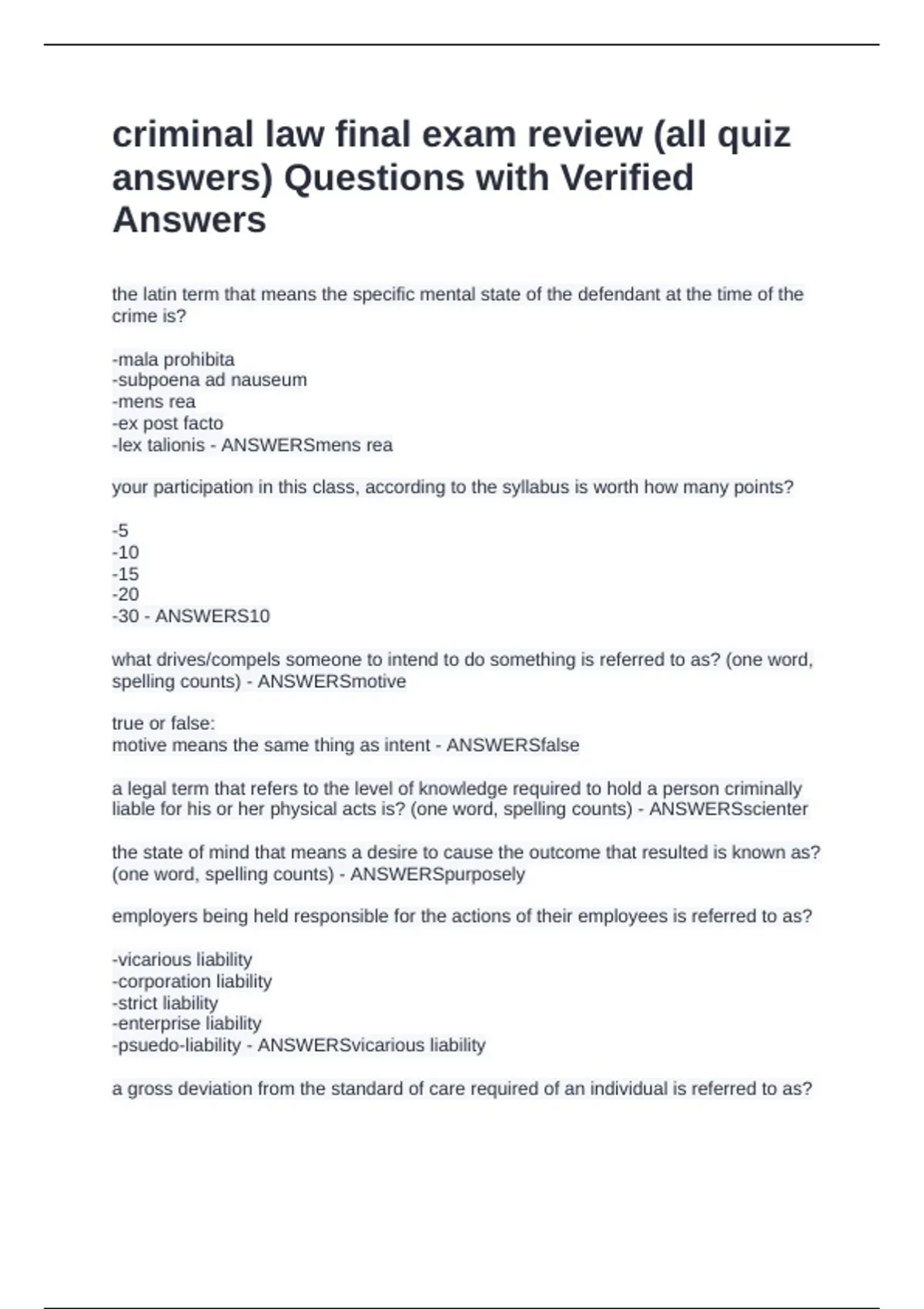 criminal law final exam review (all quiz answers) Questions with ...
