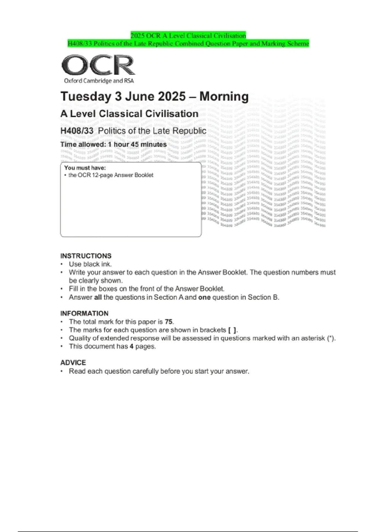 2025 OCR A Level Classical Civilisation H408/33 Politics of the Late ...