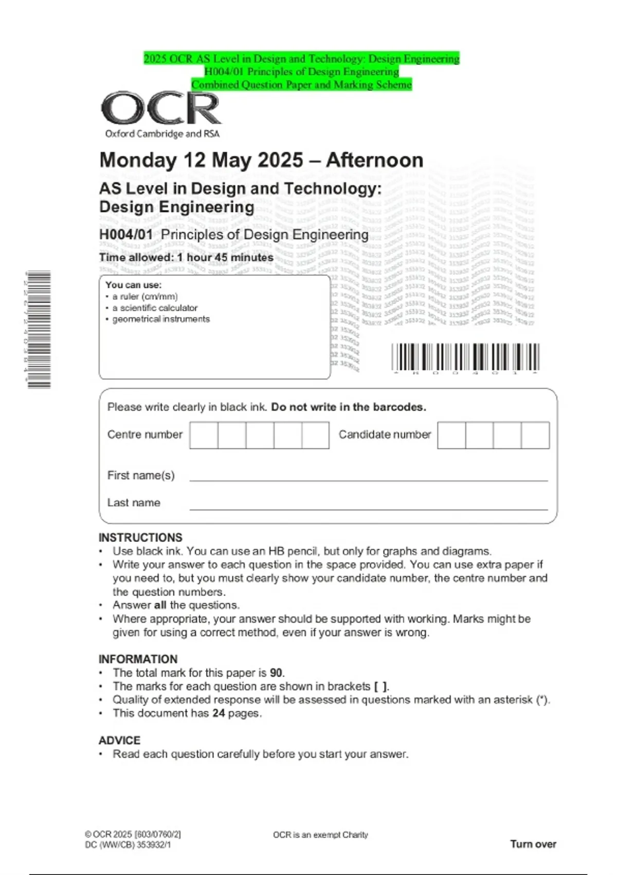 2025 OCR AS Level in Design and Technology: Design Engineering H004/01 ...