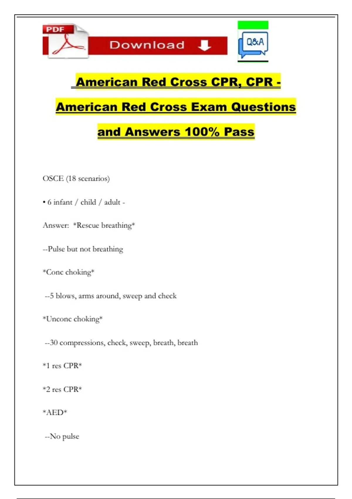 American Red Cross CPR, CPR - American Red Cross Exam Questions and ...