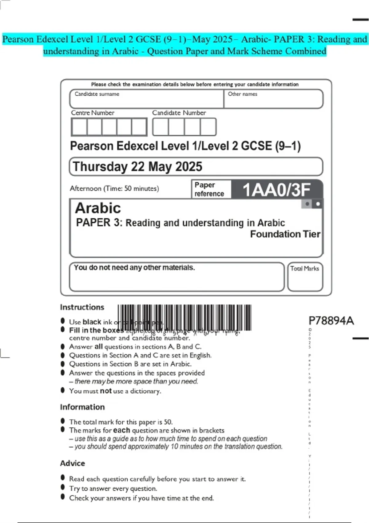 Pearson Edexcel Level 1/Level 2 GCSE (9-1)-May 2025- Arabic- PAPER 3 ...