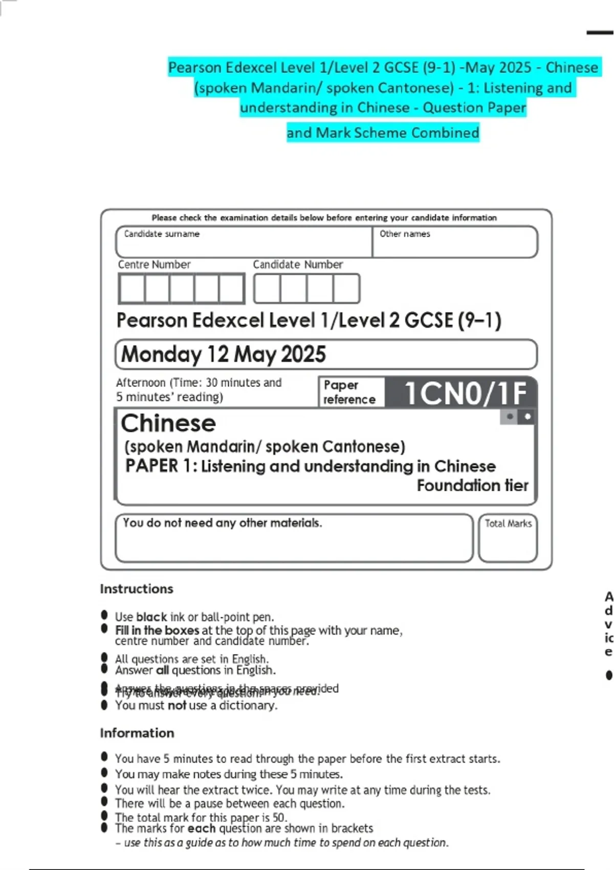 Pearson Edexcel Level 1/Level 2 GCSE (9-1) -May 2025 - Chinese (spoken ...