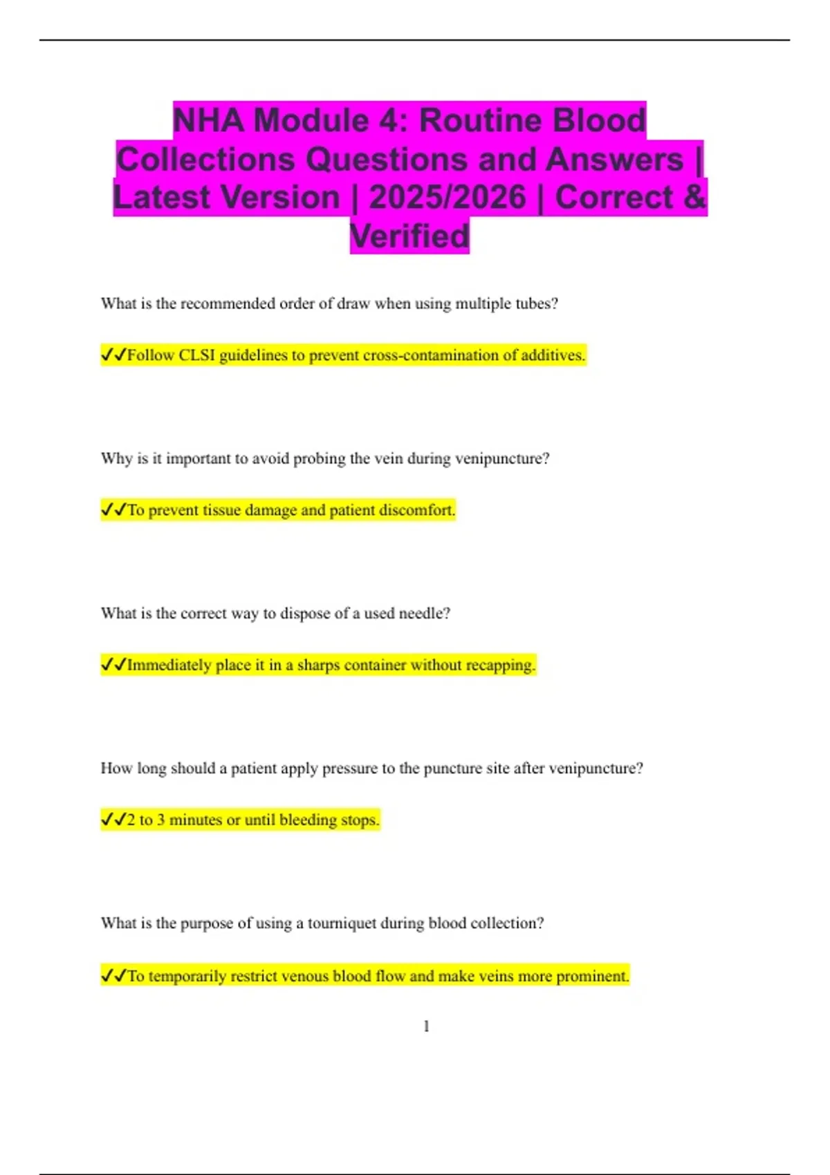 NHA Module 4: Routine Blood Collections Questions and Answers | Latest ...