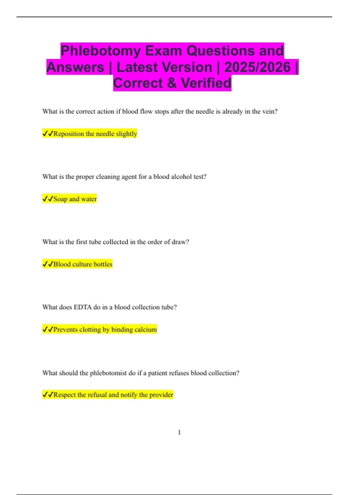 Phlebotomy Exam Questions and Answers | Latest Version | 2025/2026 ...