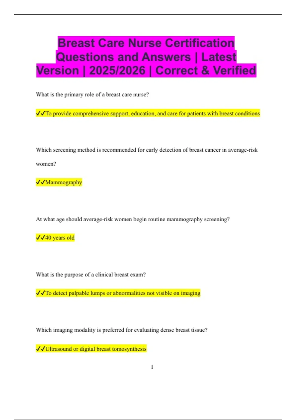 Breast Care Nurse Certification Questions and Answers | Latest Version ...