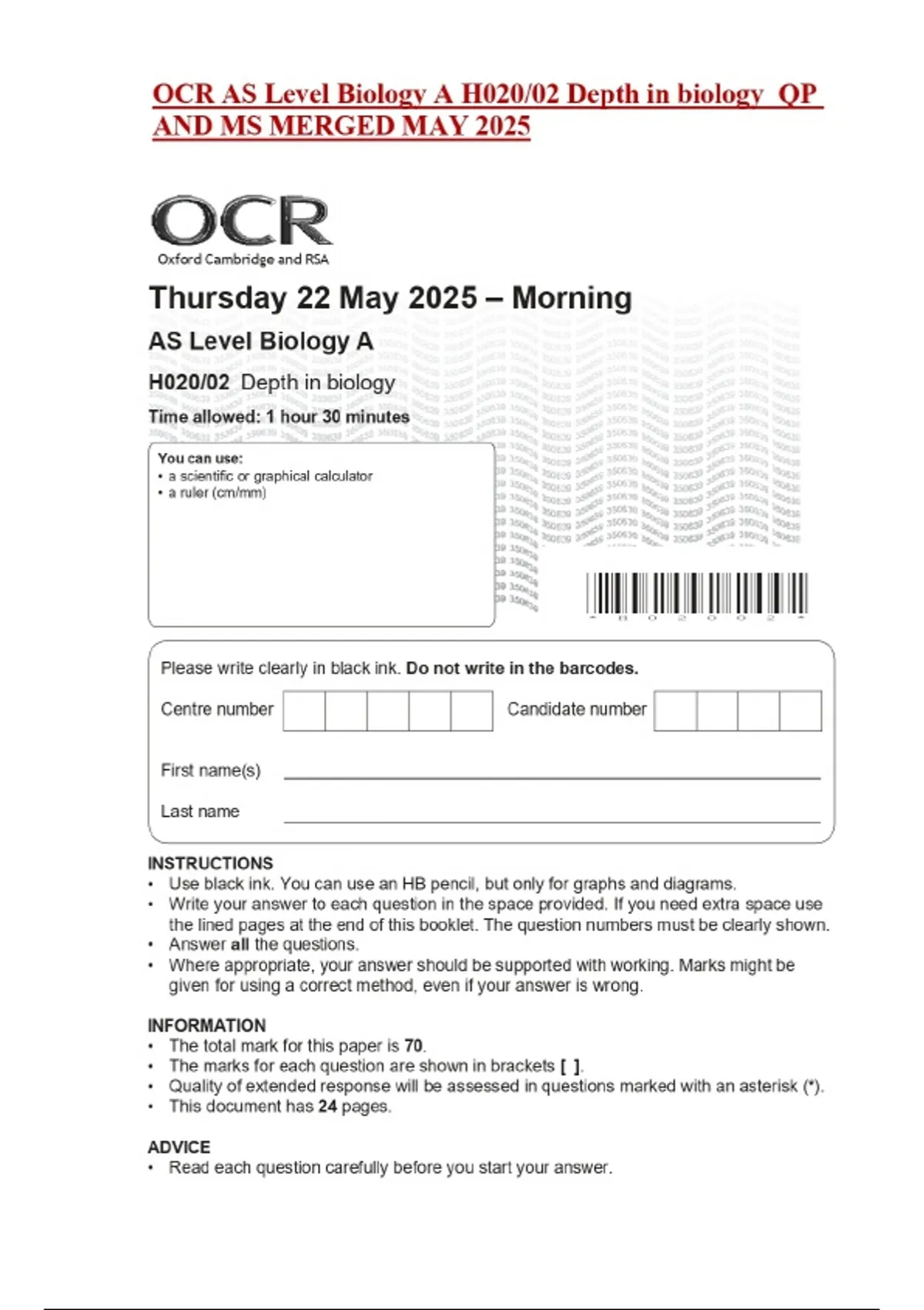 OCR AS Level Biology A H020/02 Depth in biology QP AND MS MERGED MAY ...