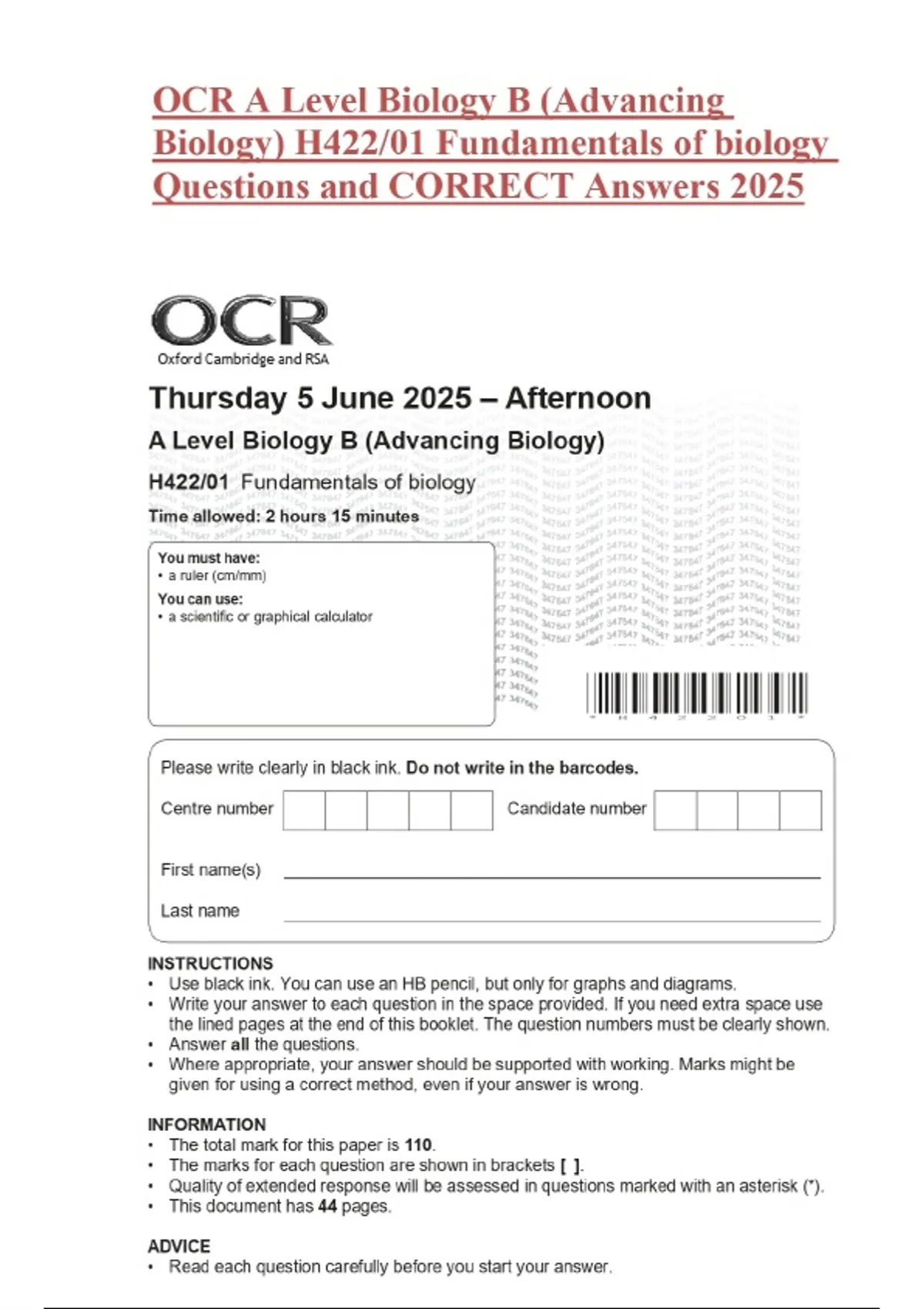 OCR A Level Biology B (Advancing Biology) H422/01 Fundamentals of ...