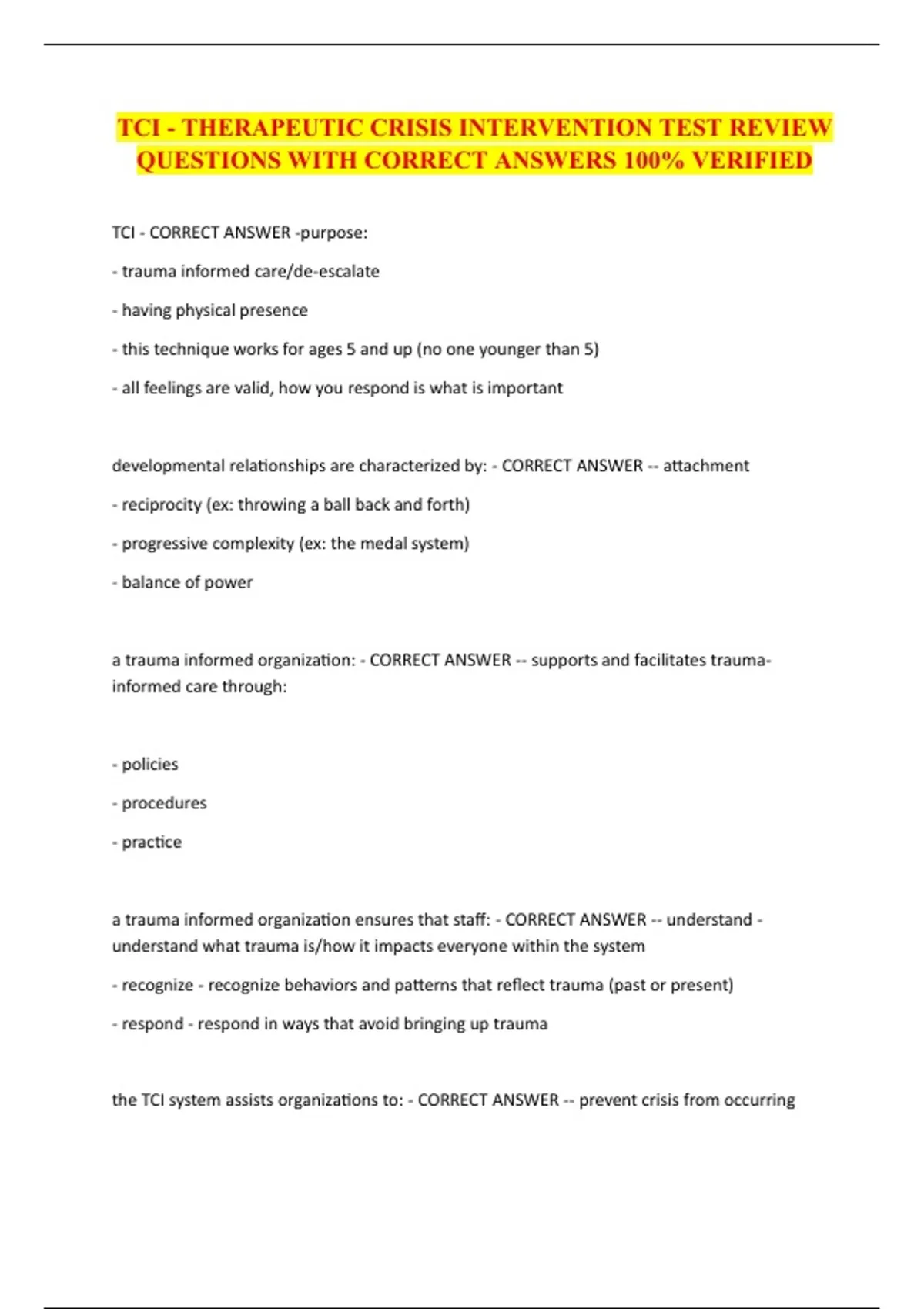 TCI - THERAPEUTIC CRISIS INTERVENTION TEST REVIEW QUESTIONS WITH ...