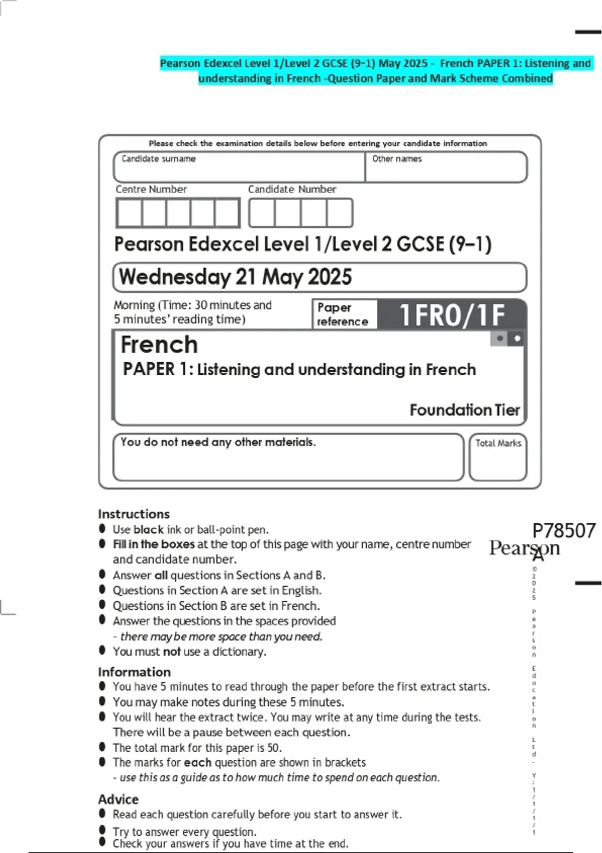Pearson Edexcel Level 1/Level 2 GCSE (9-1) May 2025 - French PAPER 1 ...