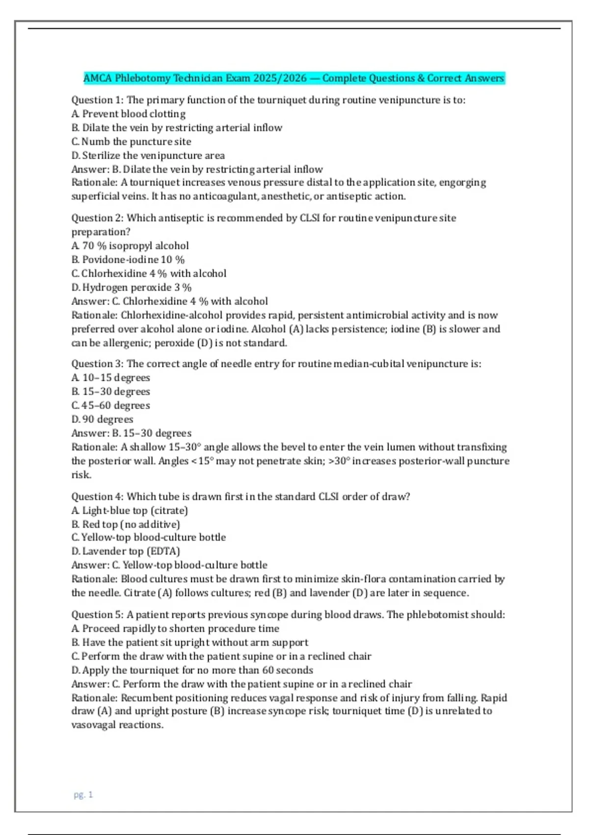 AMCA Phlebotomy Technician Exam 2025/2026 — Complete Questions ...