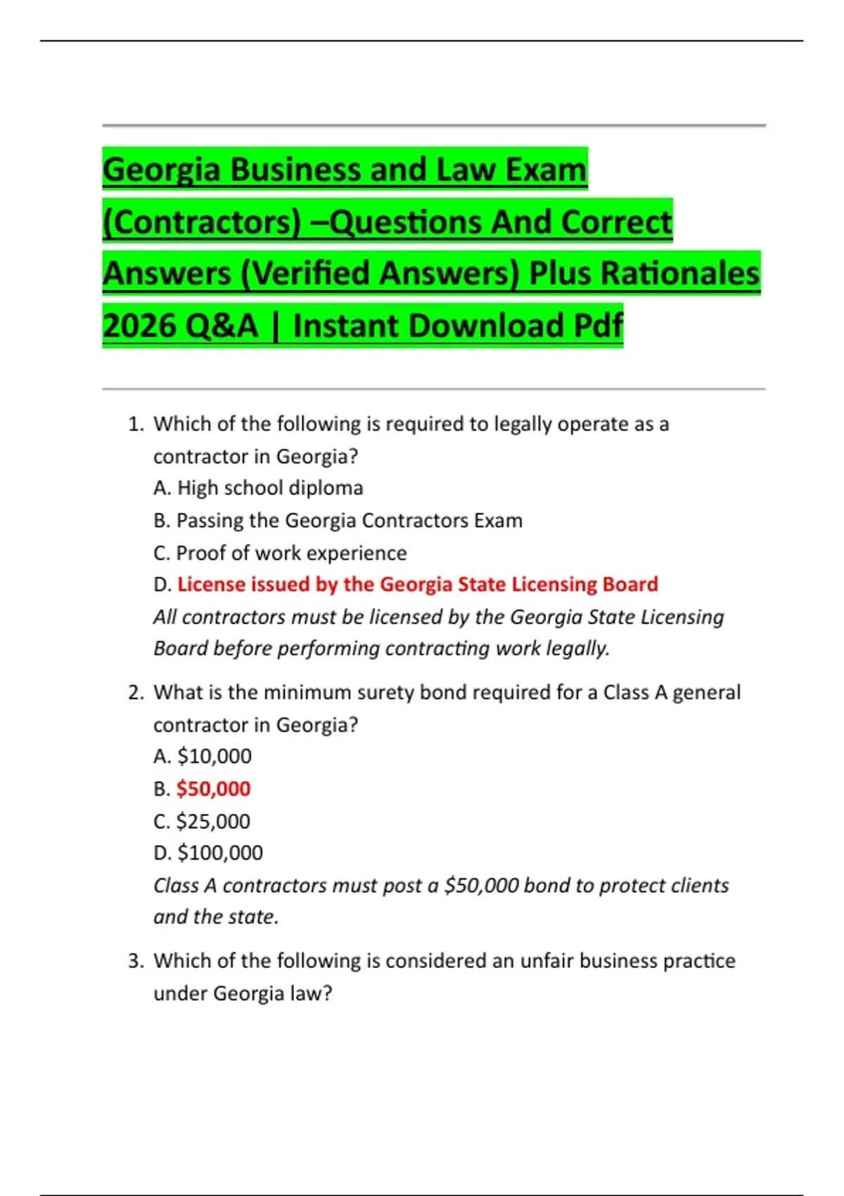Georgia Business and Law Exam (Contractors) –Questions And Correct ...