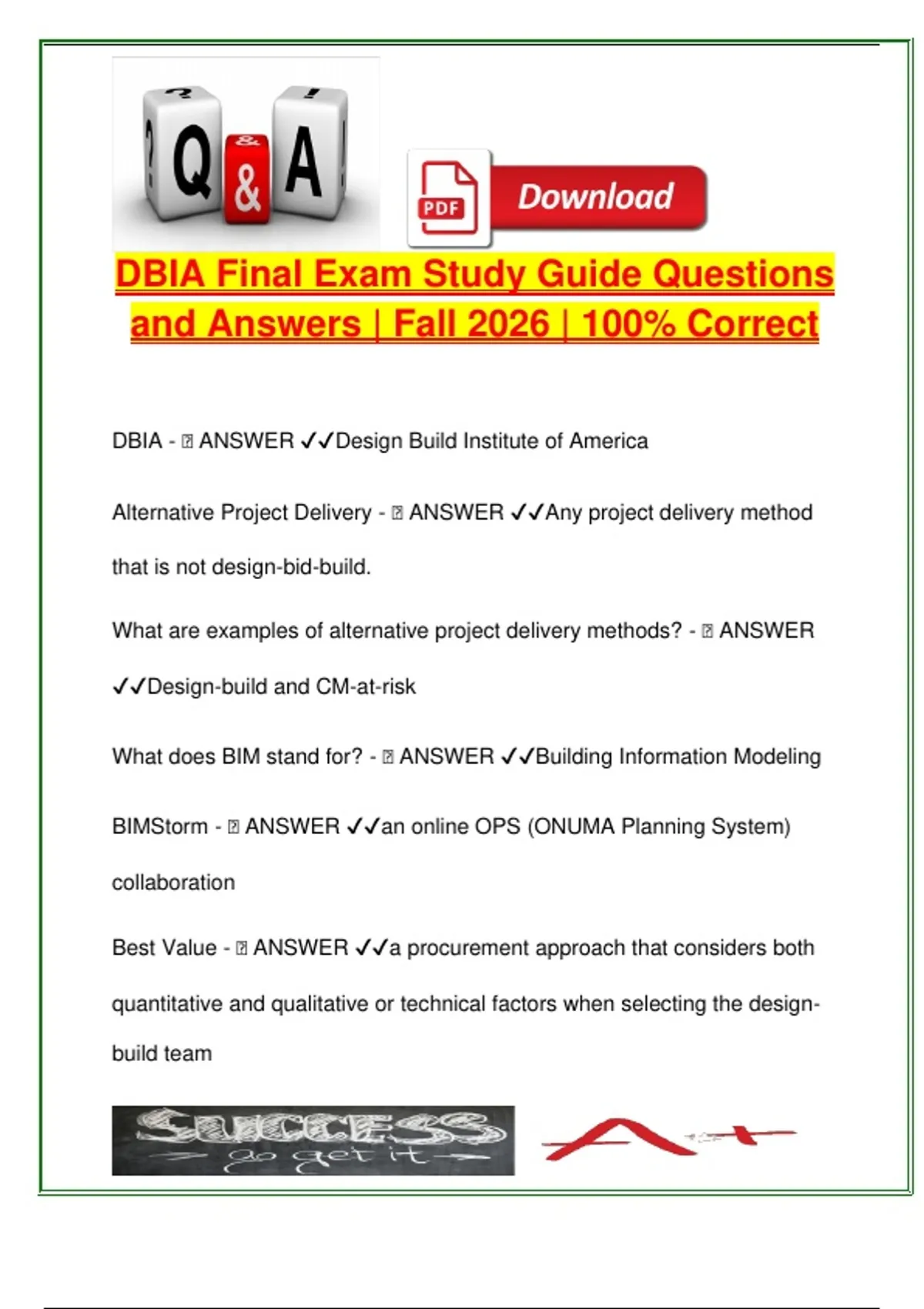 DBIA Final Exam Study Guide | Core Concepts & Terms (50+ Qs) | Fall ...