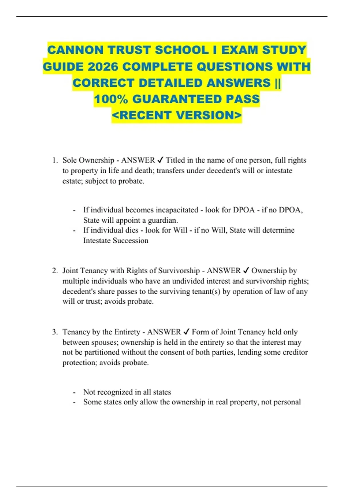 CANNON TRUST SCHOOL I EXAM STUDY GUIDE 2026 COMPLETE QUESTIONS WITH ...