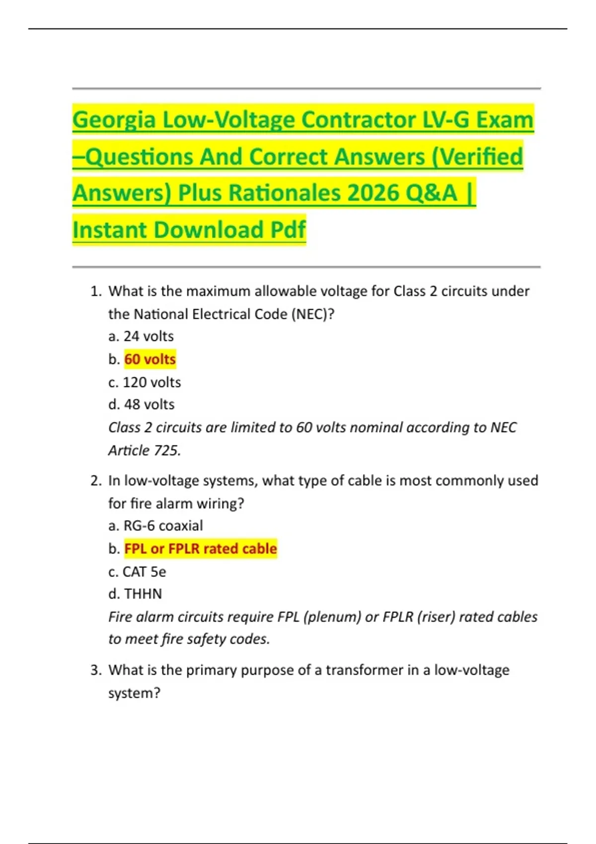 Georgia Low-Voltage Contractor LV-G Exam –Questions And Correct Answers ...