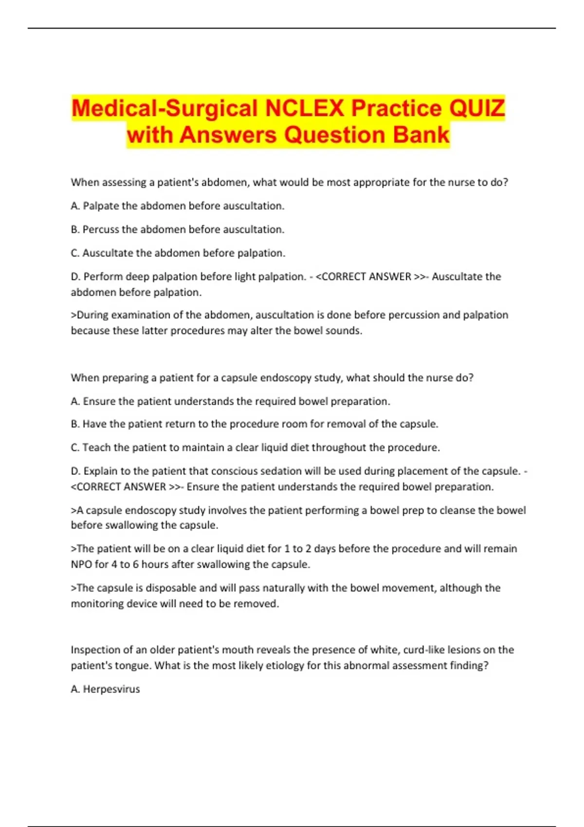 Medical-Surgical NCLEX Practice QUIZ with Answers Question Bank - Med ...