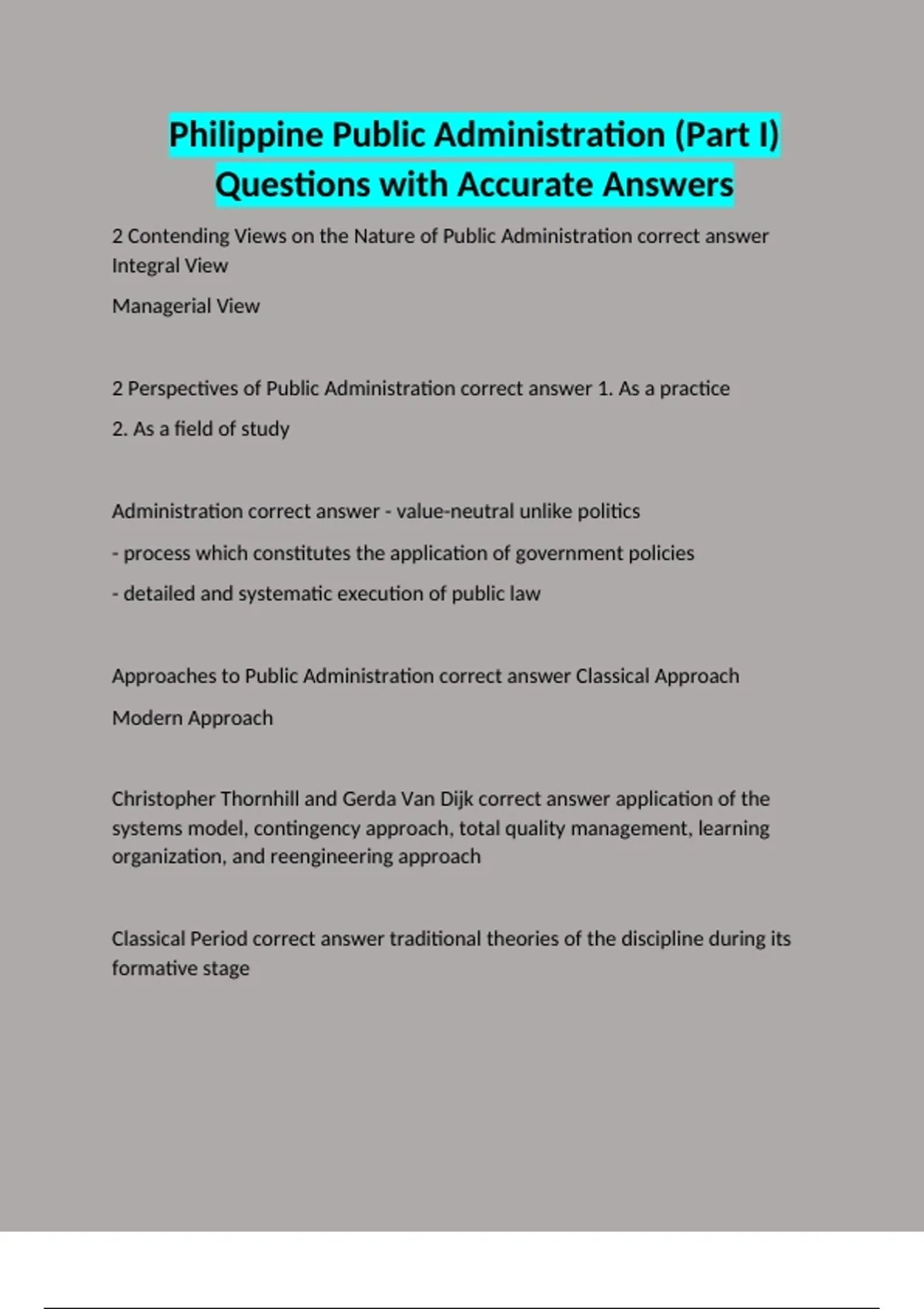 Philippine Public Administration (Part I) Questions with Accurate ...