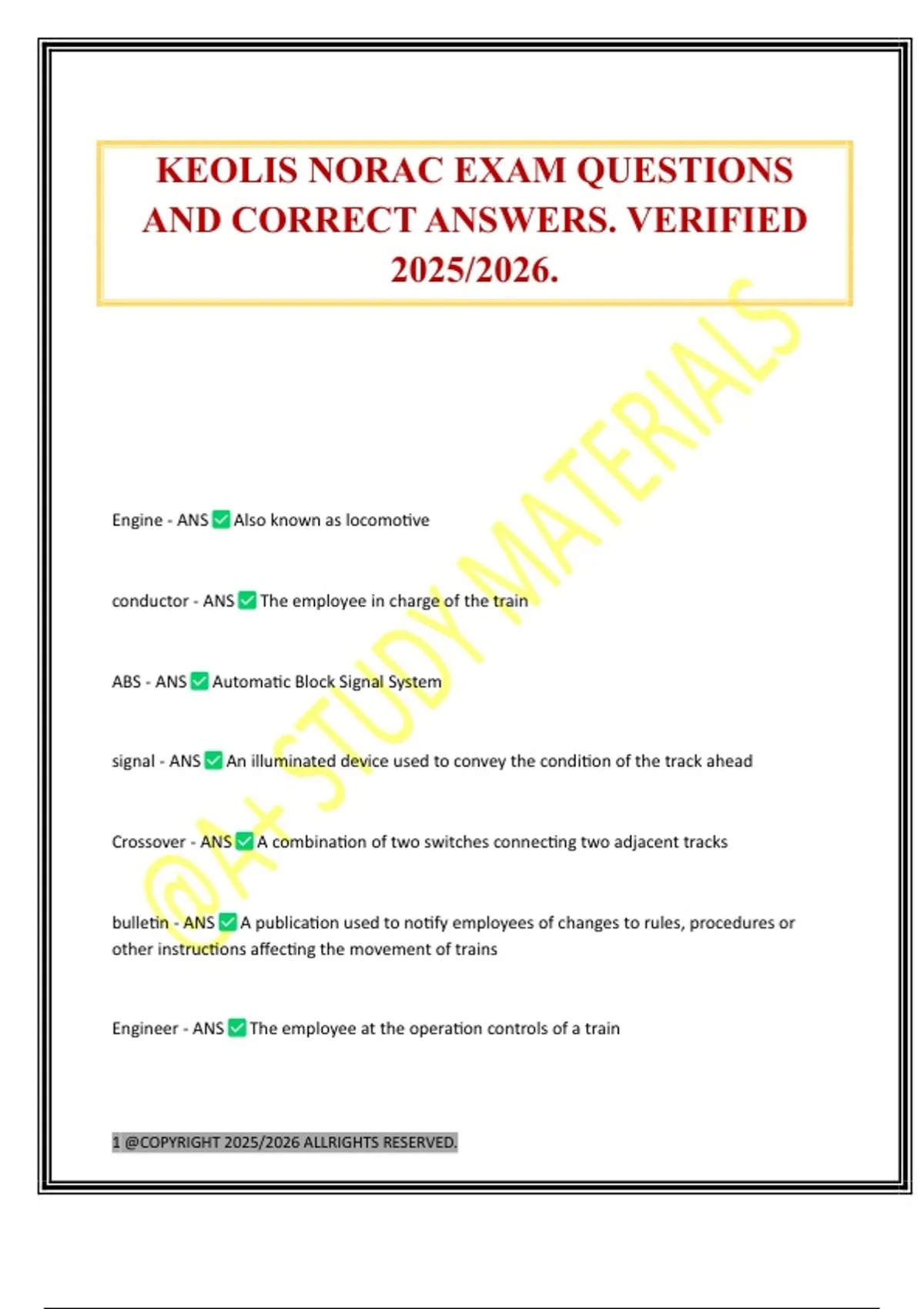KEOLIS NORAC EXAM QUESTIONS AND CORRECT ANSWERS. VERIFIED 2025/2026 ...