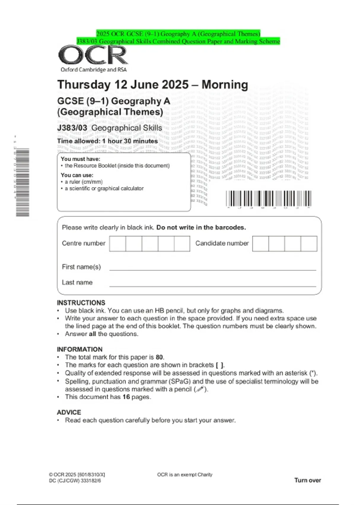 PACKAGE DEAL-:;025 OCR GCSE (9–1) Geography A (Geographical Themes ...