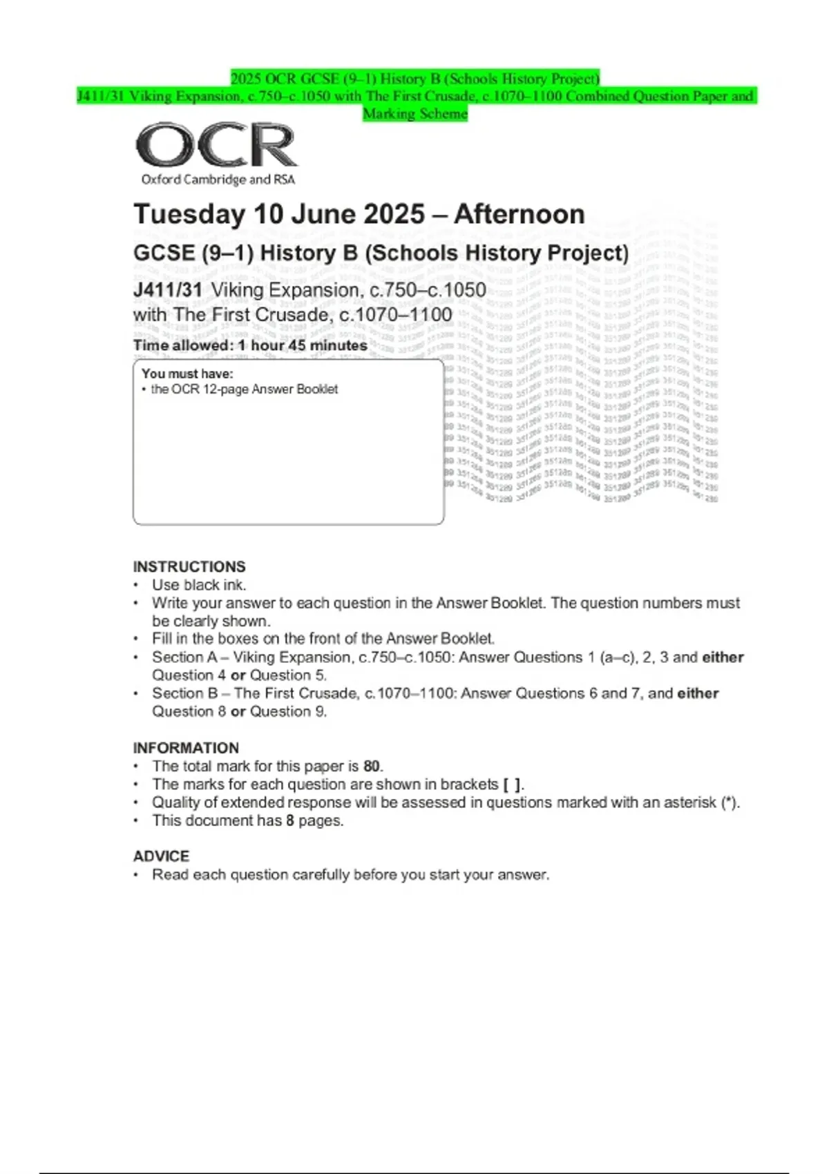 2025 OCR GCSE (9–1) History B (Schools History Project) J411/31 Viking ...