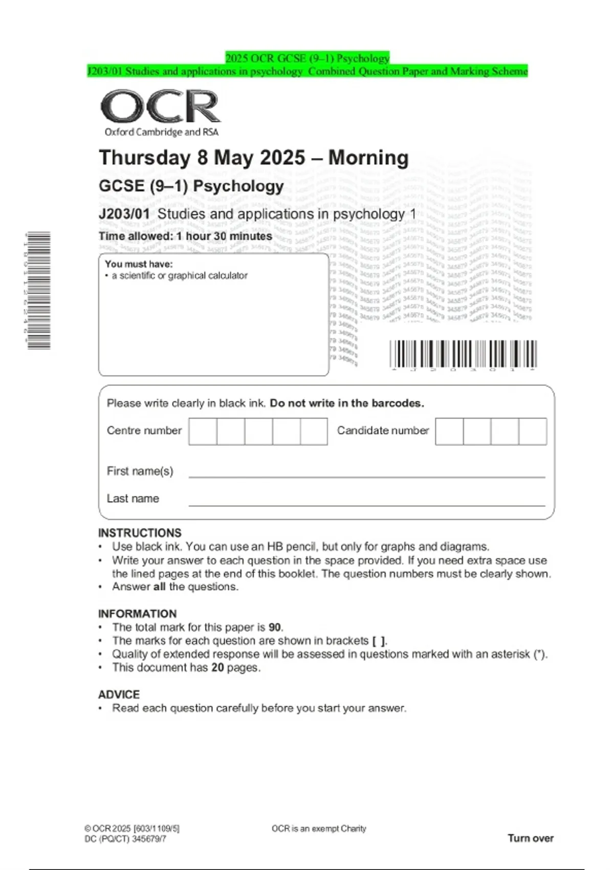 2025 OCR GCSE (9–1) Psychology J203/01 Studies and applications in ...