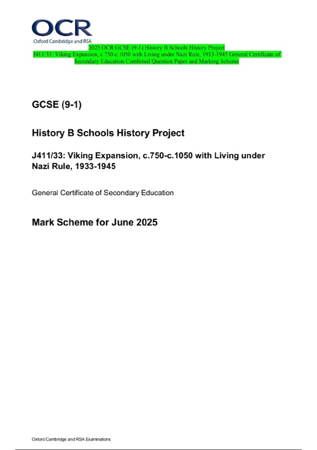2025 OCR GCSE (9-1) History B Schools History Project J411/33: Viking ...