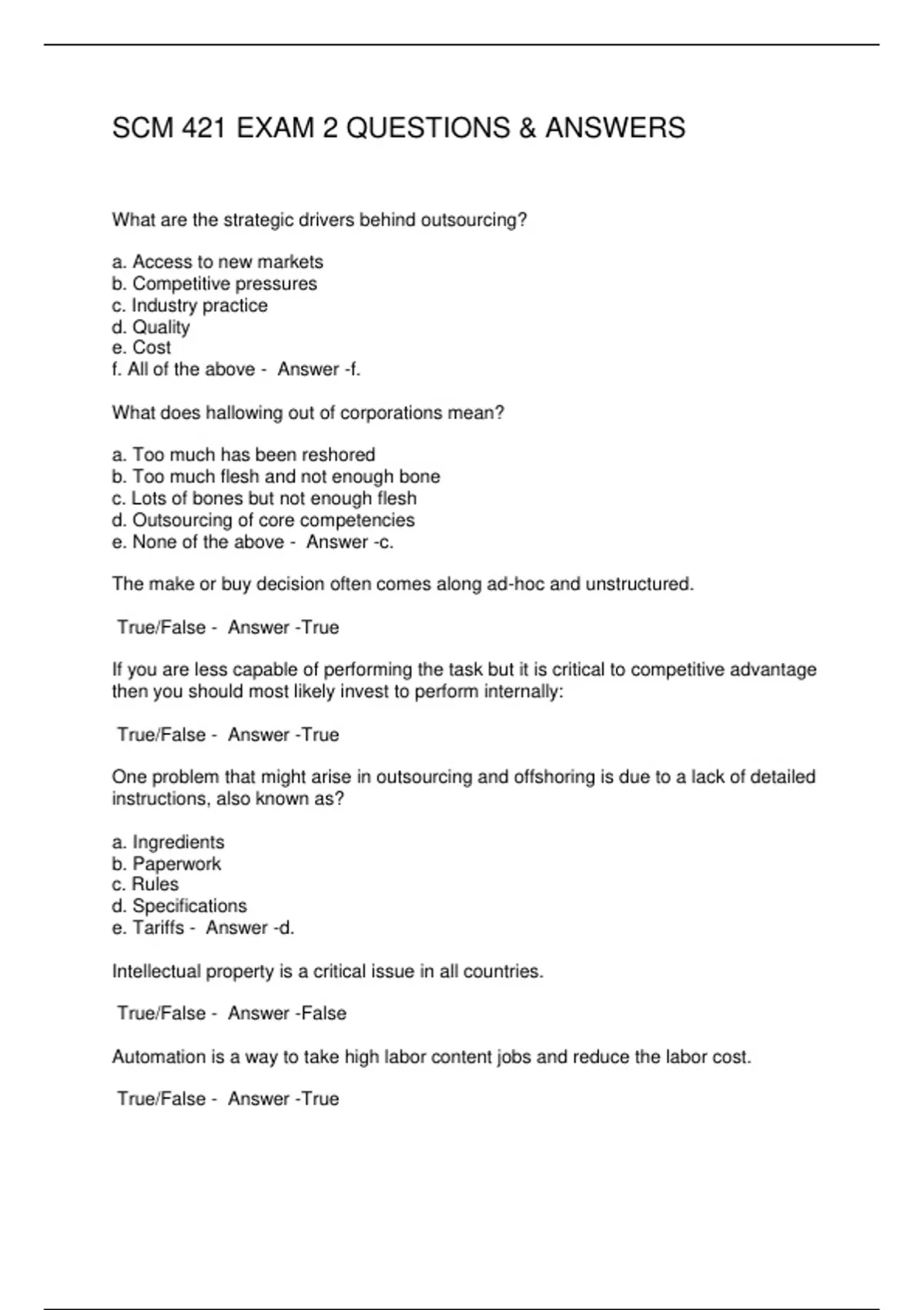 SCM 421 EXAM 2 QUESTIONS & ANSWERS - SCM 421 - Stuvia US