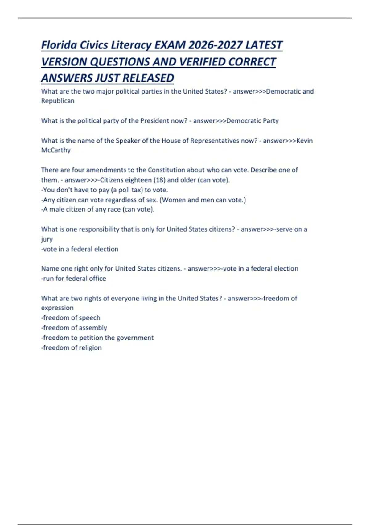 Florida Civics Literacy EXAM LATEST VERSION QUESTIONS AND VERIFIED ...