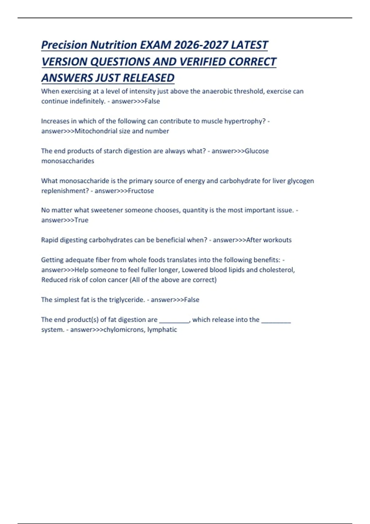 Precision Nutrition EXAM LATEST VERSION QUESTIONS AND VERIFIED CORRECT ...