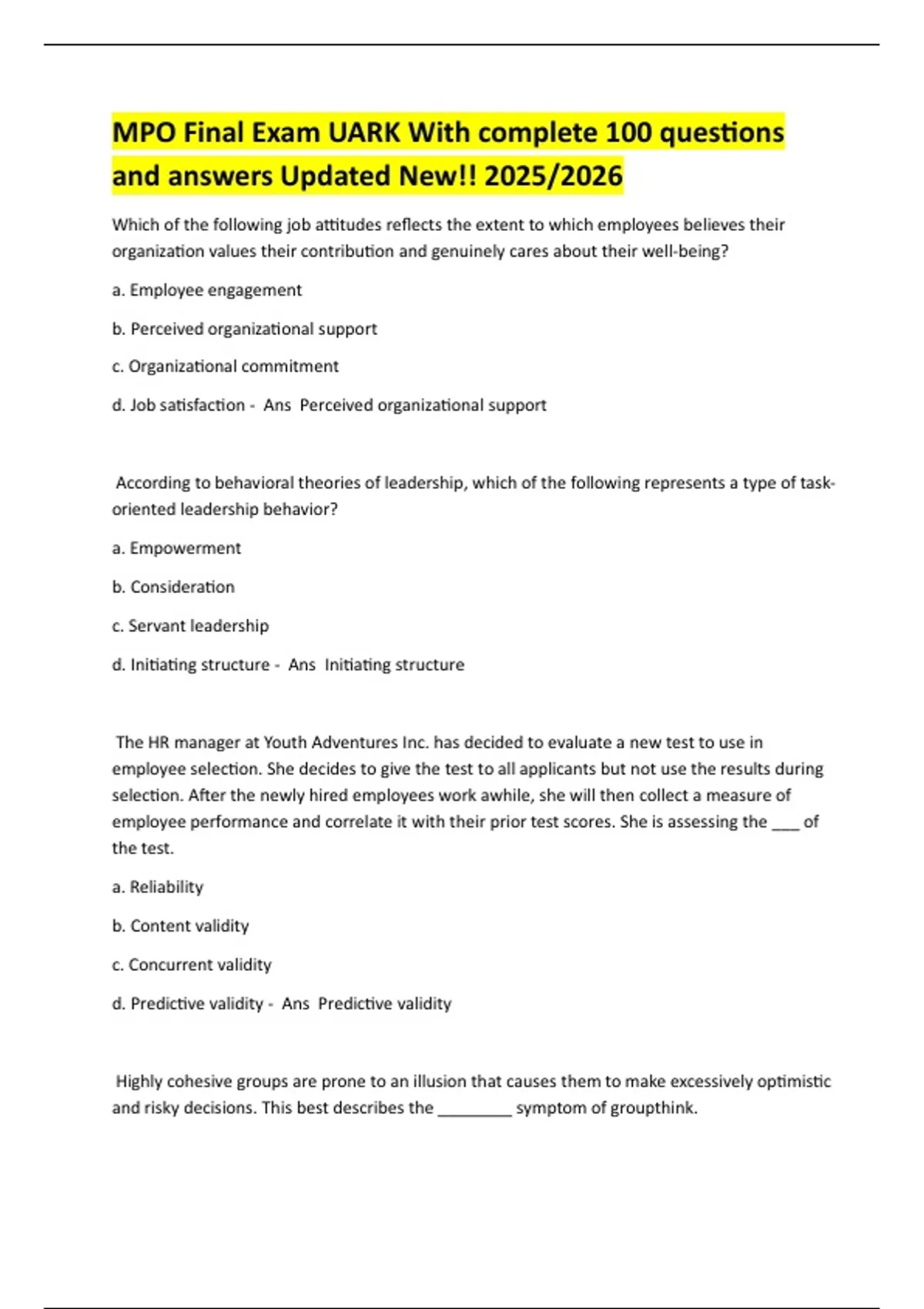 MPO Final Exam UARK With complete 100 questions and answers Updated New ...