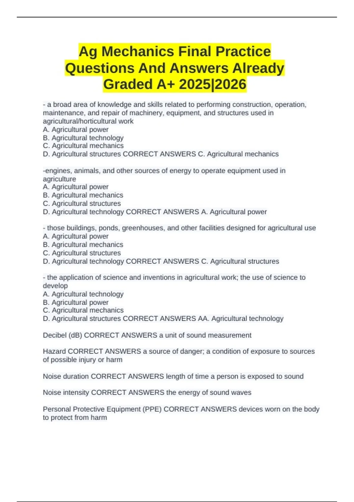 Ag Mechanics Final Practice Questions And Answers Already Graded A+ ...