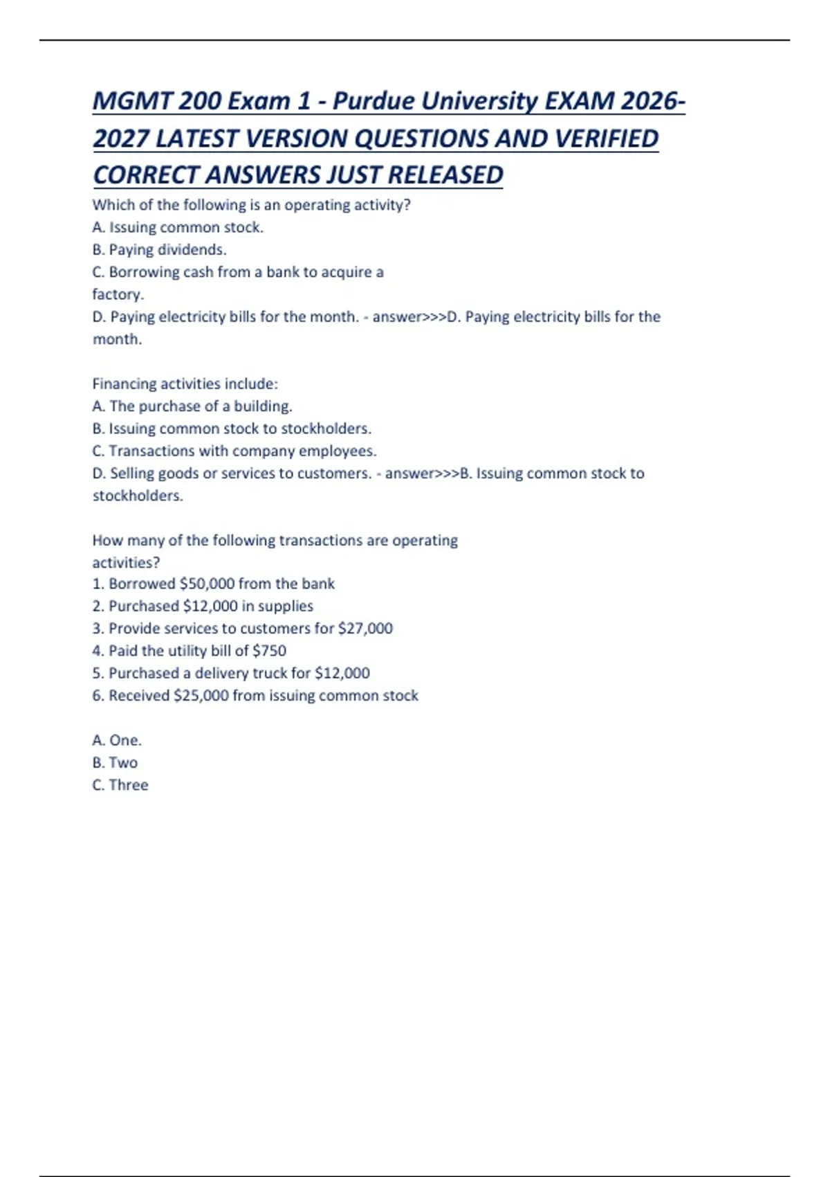 MGMT 200 Exam 1 - Purdue University EXAM LATEST VERSION QUESTIONS AND ...