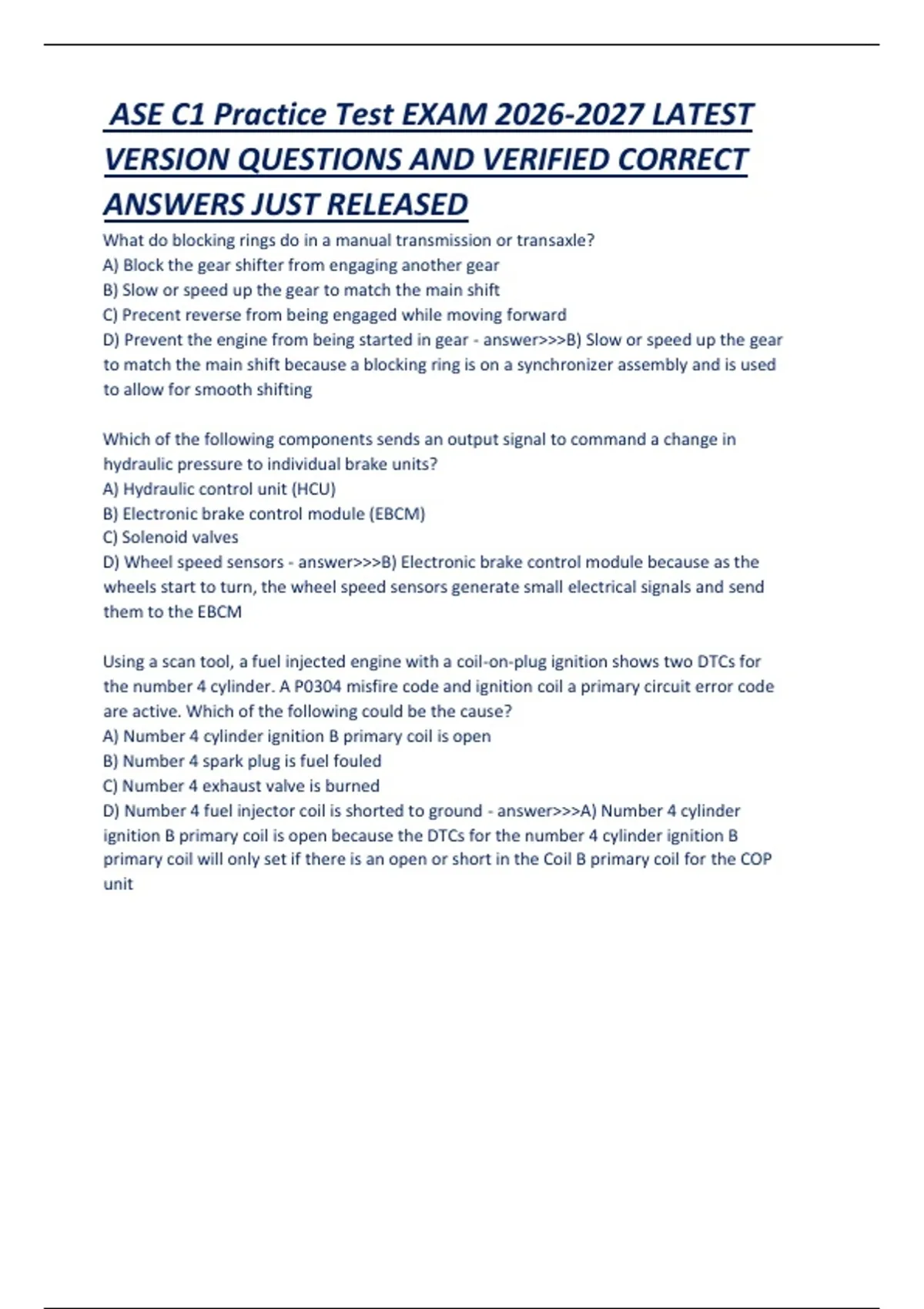ASE C1 Practice Automobile Service Consultant certification Test EXAM ...