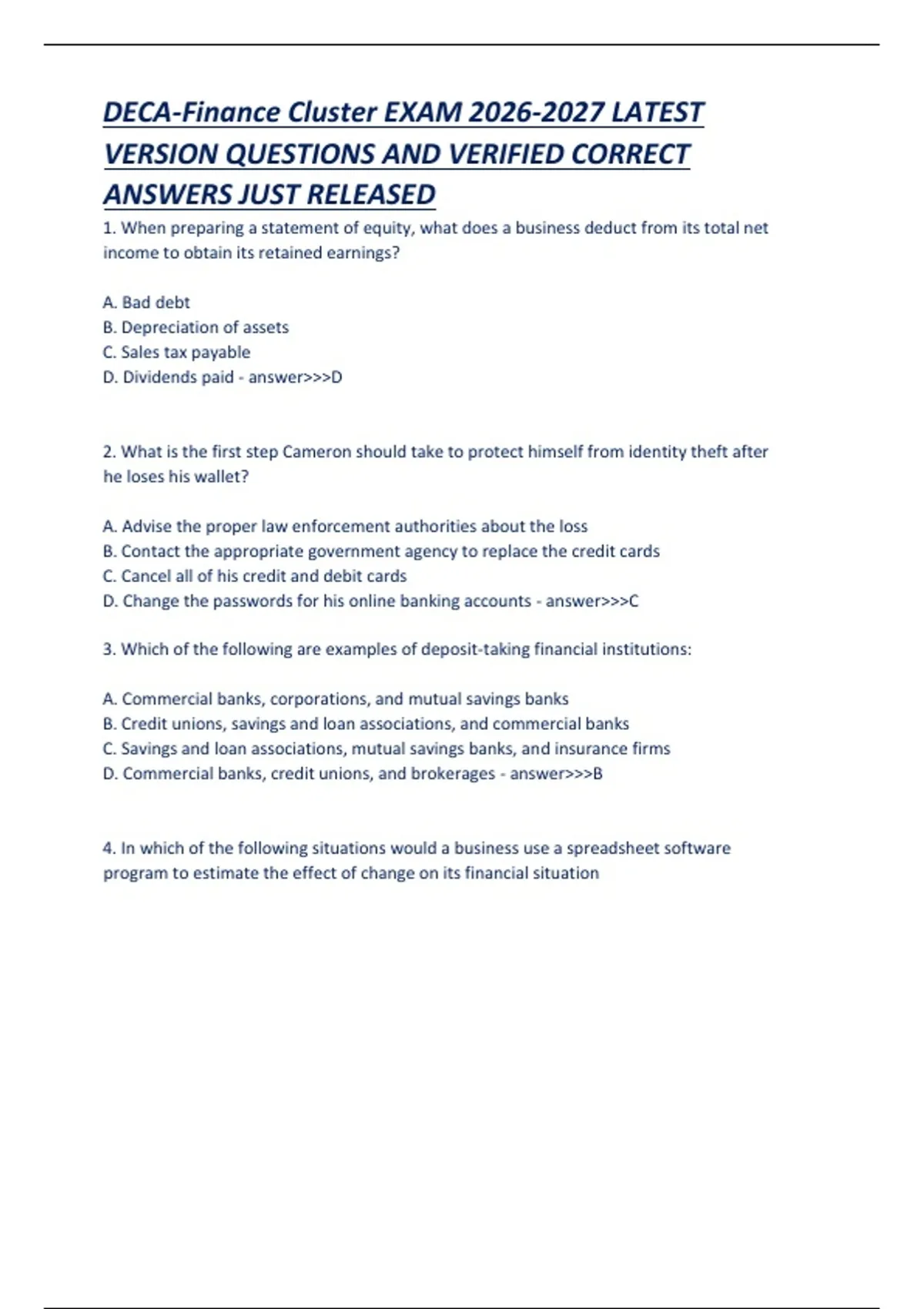 DECA-Finance Cluster EXAM LATEST VERSION QUESTIONS AND VERIFIED CORRECT ...