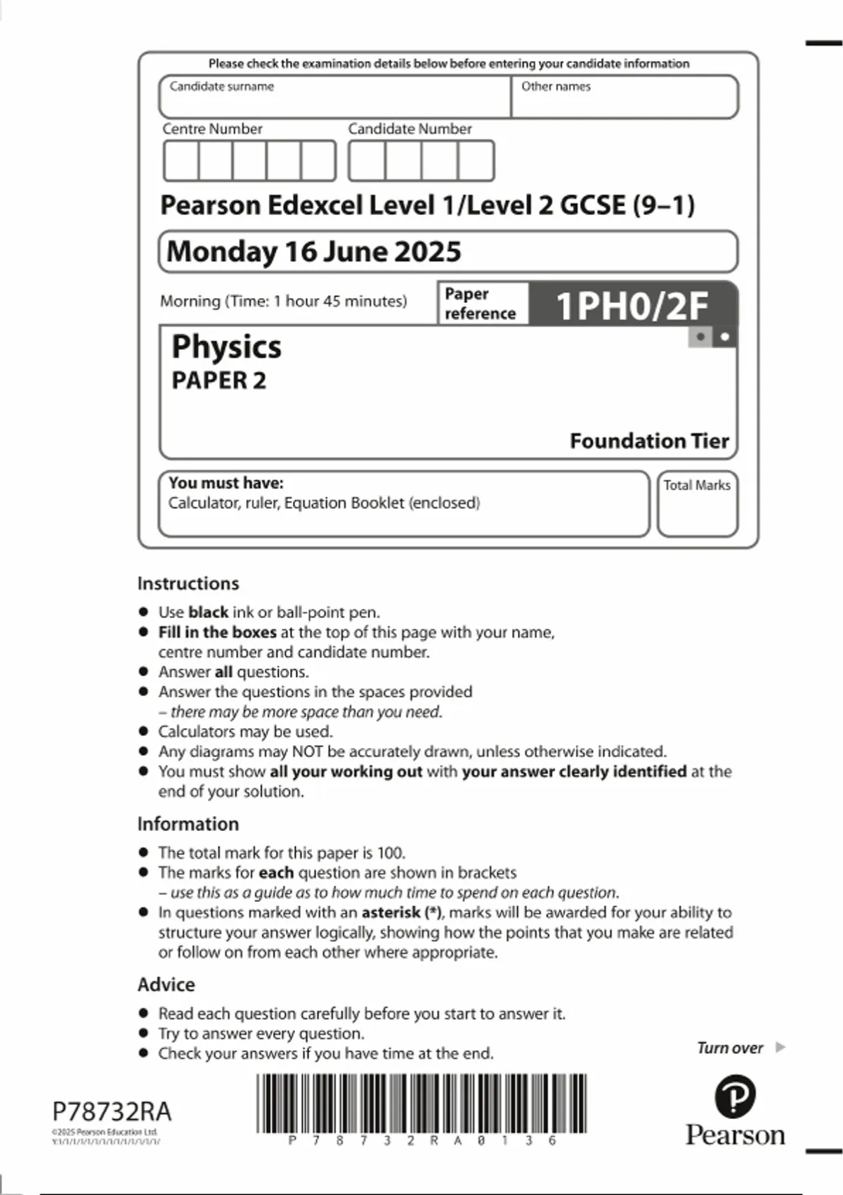 PEARSON EDEXCEL LEVEL 1/LEVEL 2 GCSE(9-1) PHYSICS PAPER 2 2025(1PH0/2F ...
